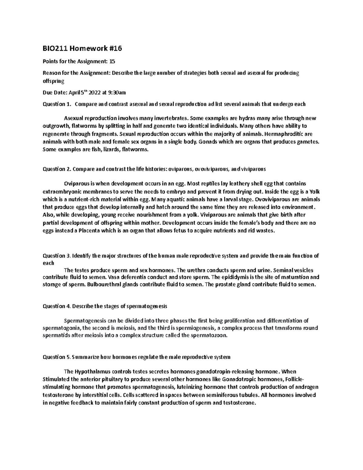 BIO 211 Homework 16 - Bio Hw - BIO211 Homework Points for the ...