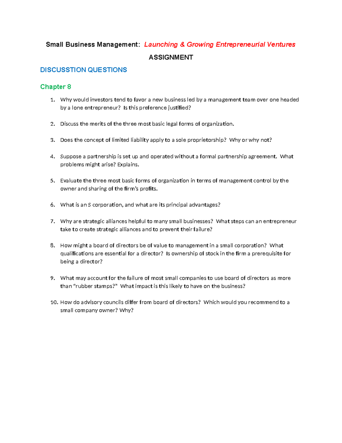 Small Business Management - CH 8 - Assignment - Small Business ...