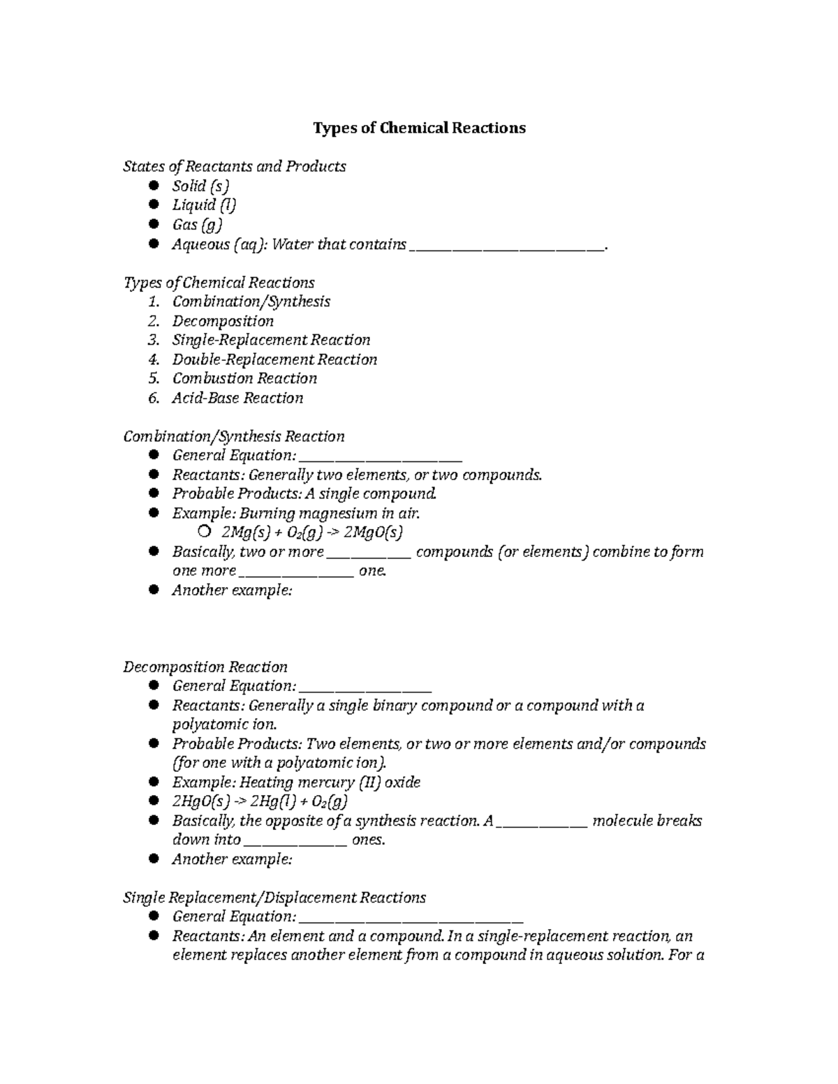 Types of Reactions Notes - Types of Chemical Reactions States of ...