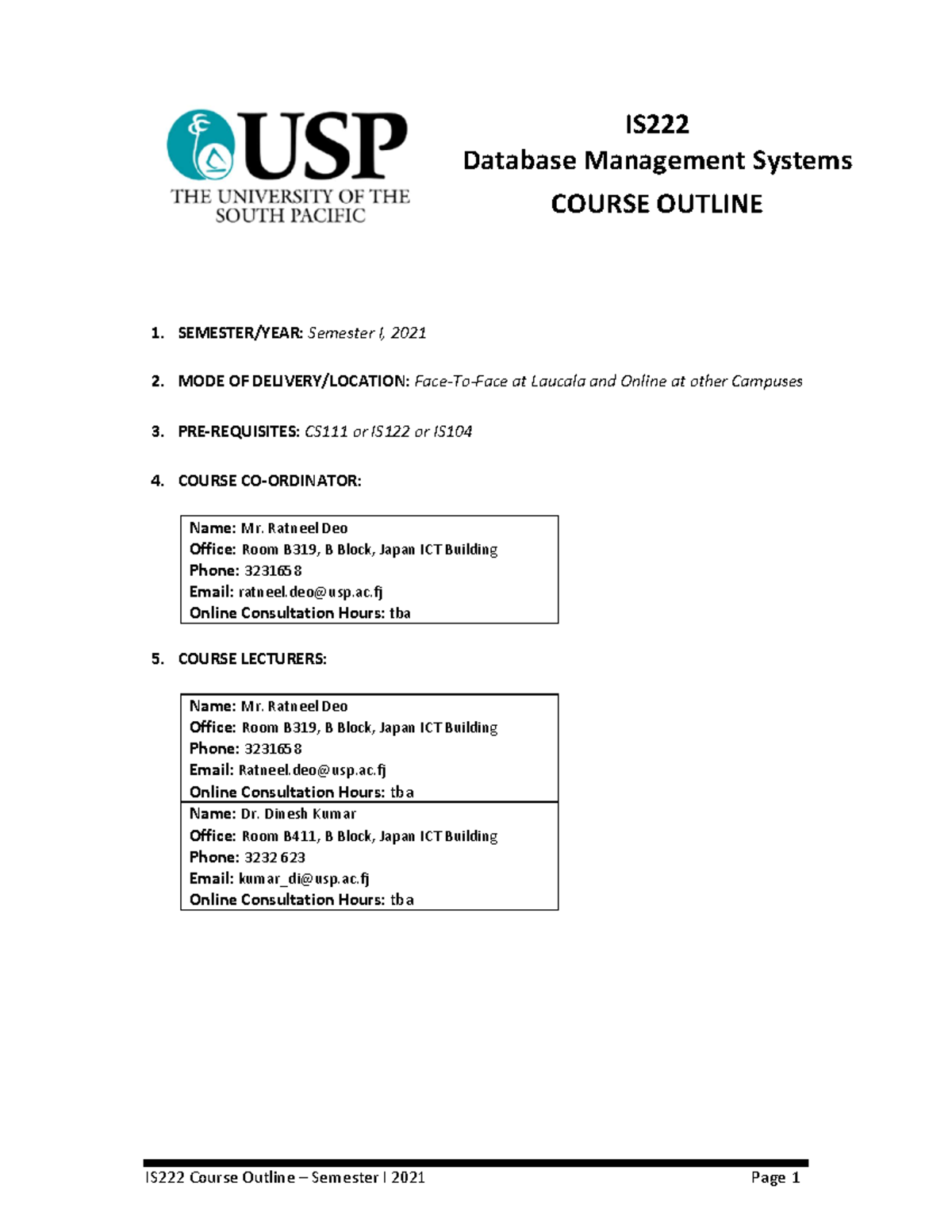 Course Outline IS222 - IS 222 Database Management Systems COURSE ...