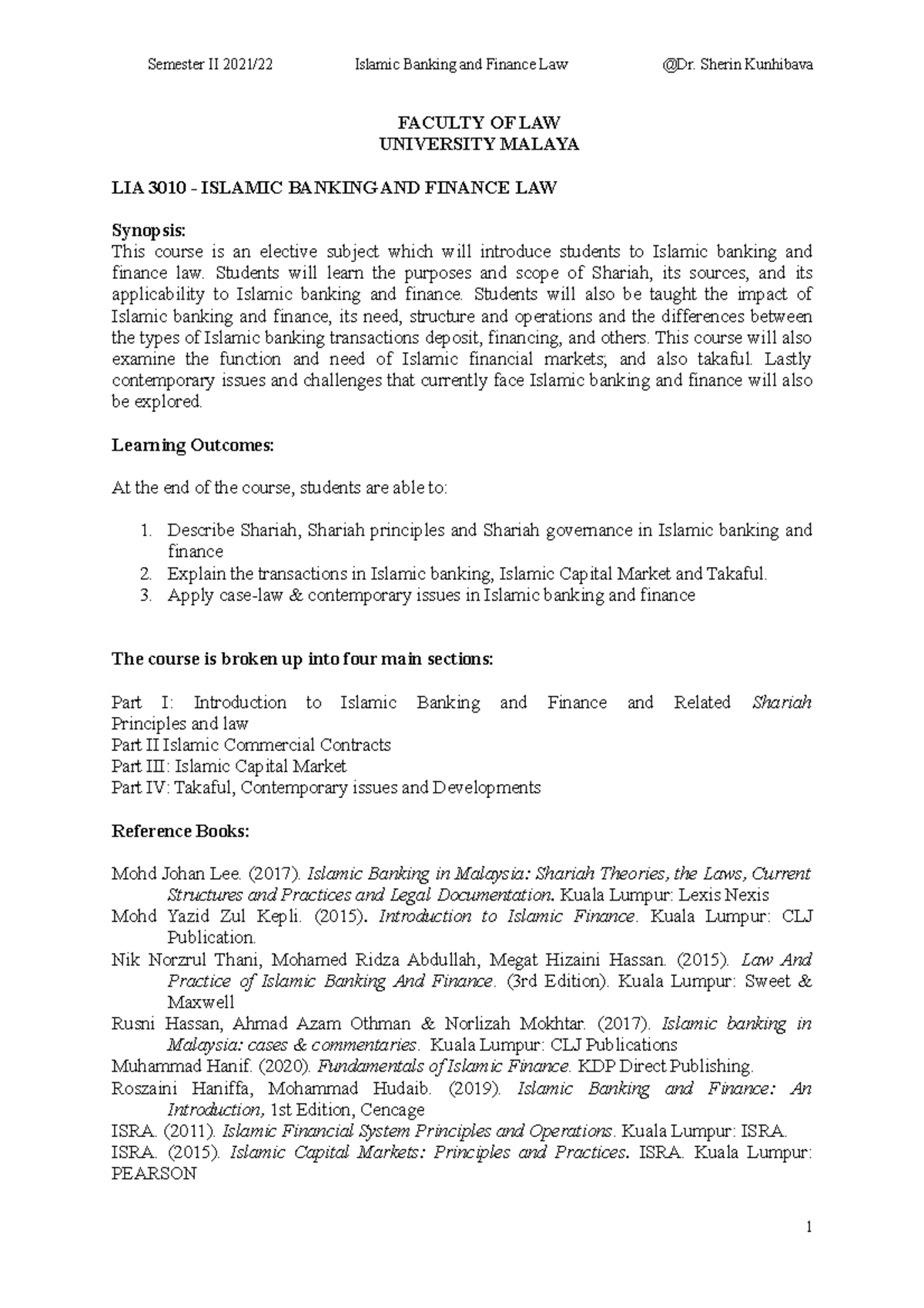 Course Outline - FACULTY OF LAW UNIVERSITY MALAYA LIA 3010 - ISLAMIC ...