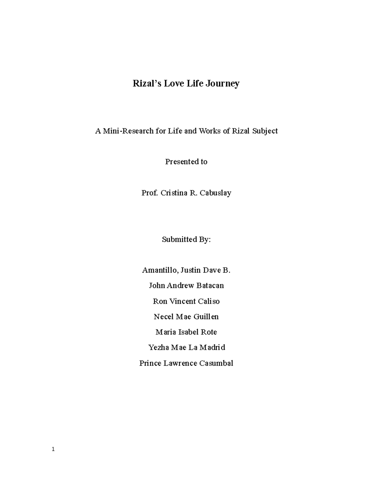 Love Life of Rizal Mini-Research Paper - Rizal’s Love Life Journey A ...