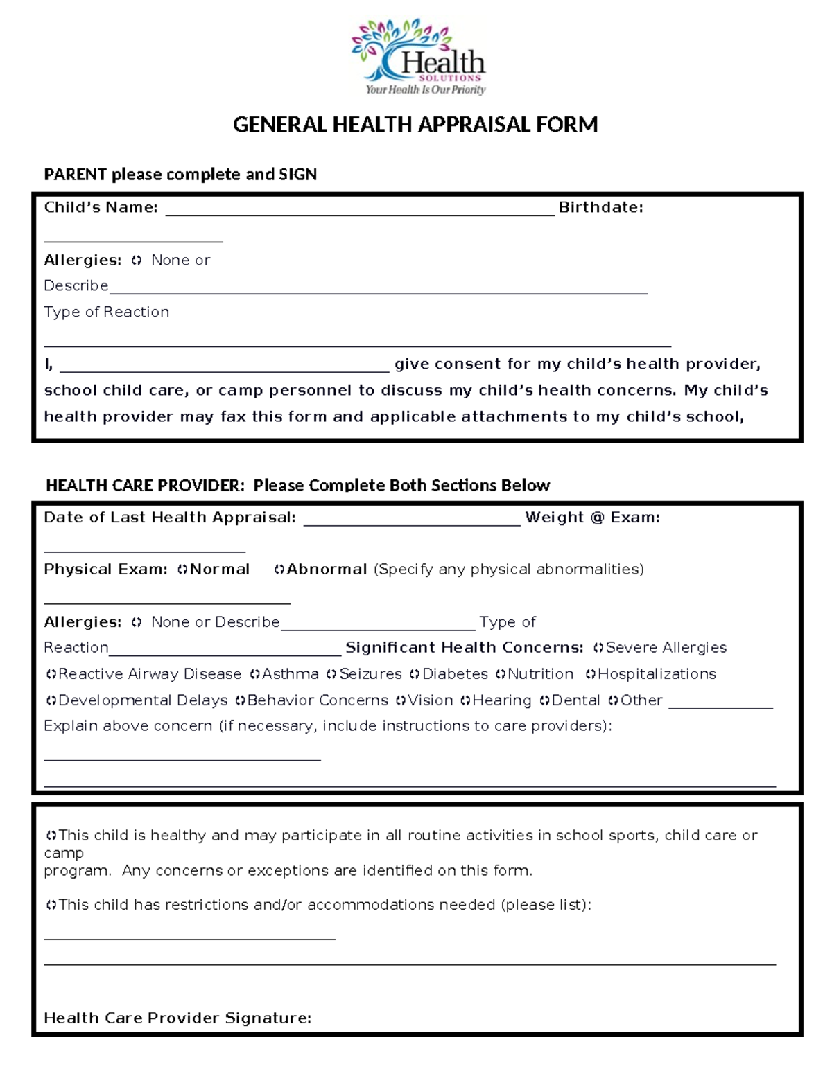 Physical Form Children - Child’s Name