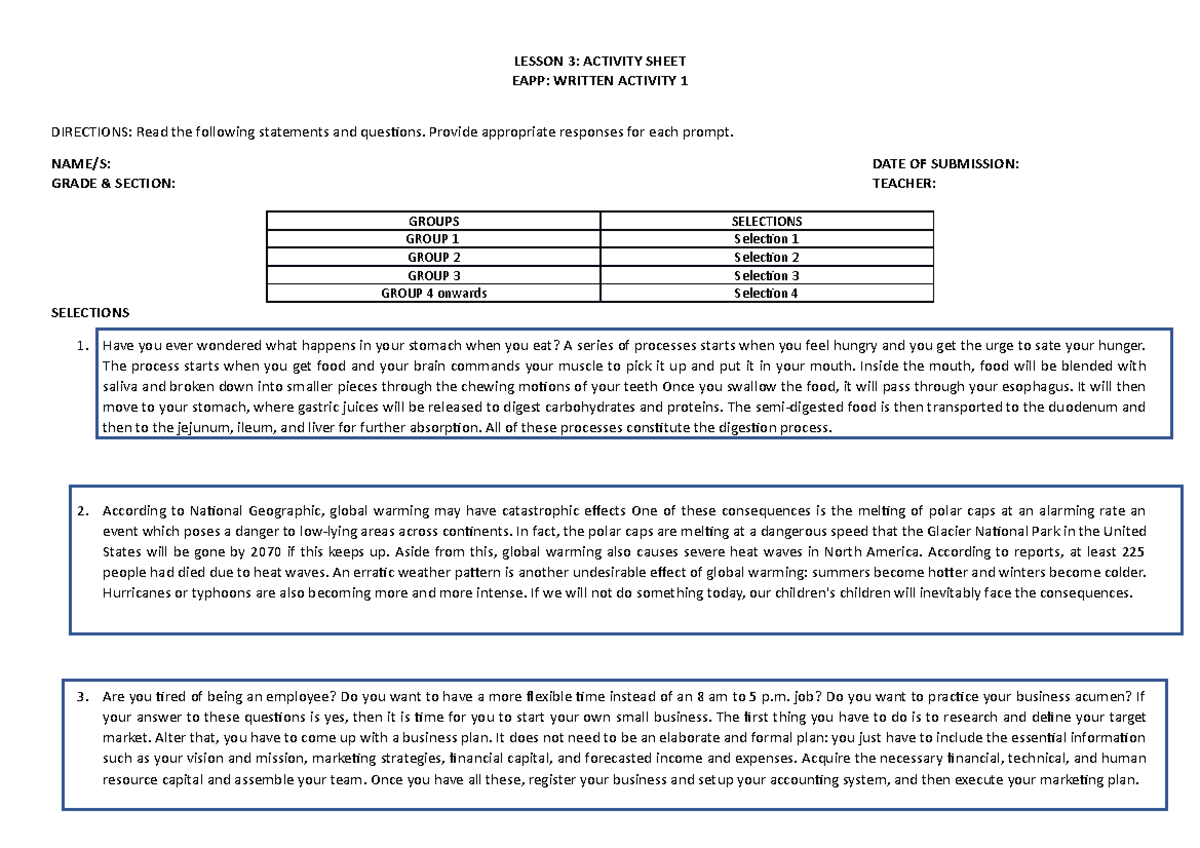 Lesson 3 ACT - It is an formative assessment - LESSON 3: ACTIVITY SHEET EAPP: WRITTEN ACTIVITY 1 ...