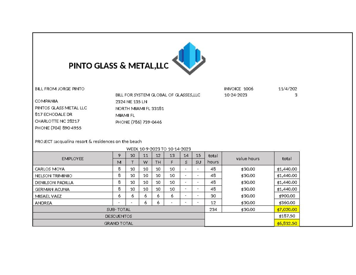 Pintos Glass LLC Invoice Octubre - PINTO GLASS & METAL,LLC BILL FROM ...