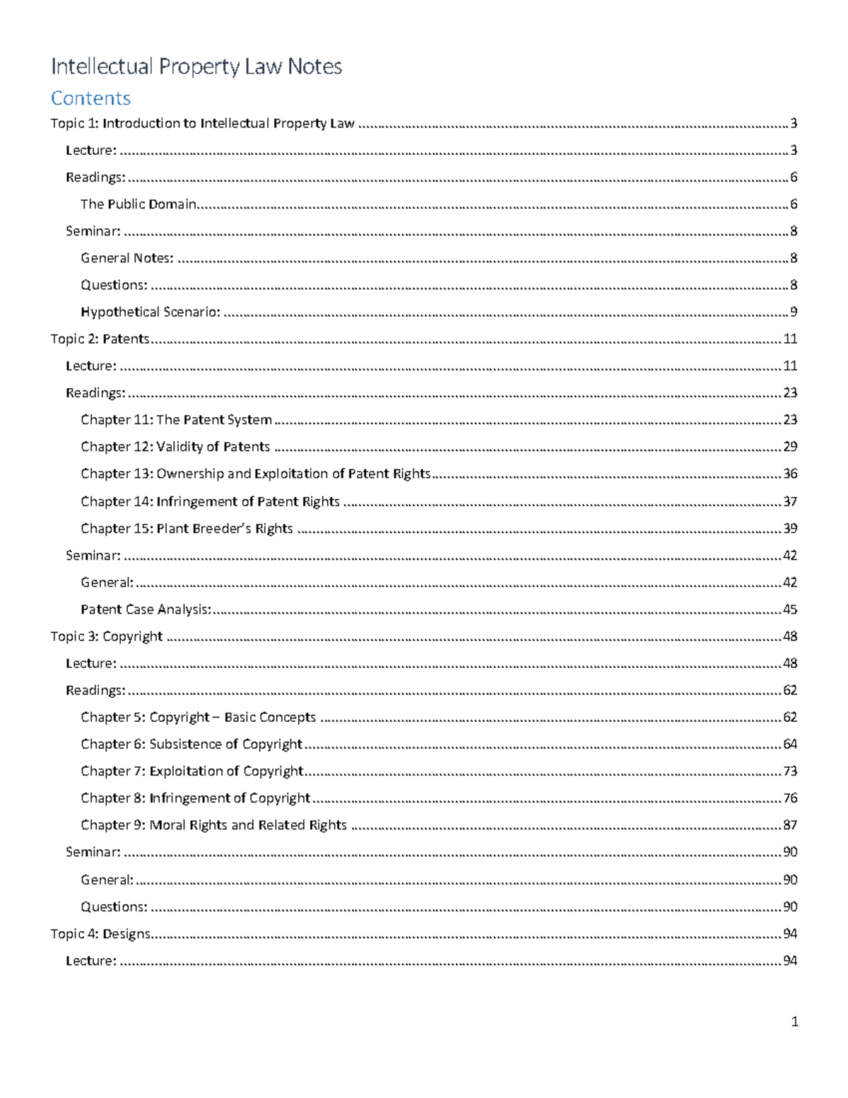 Dot point form notes - Intellectual Property Law Notes Contents Topic 1 ...