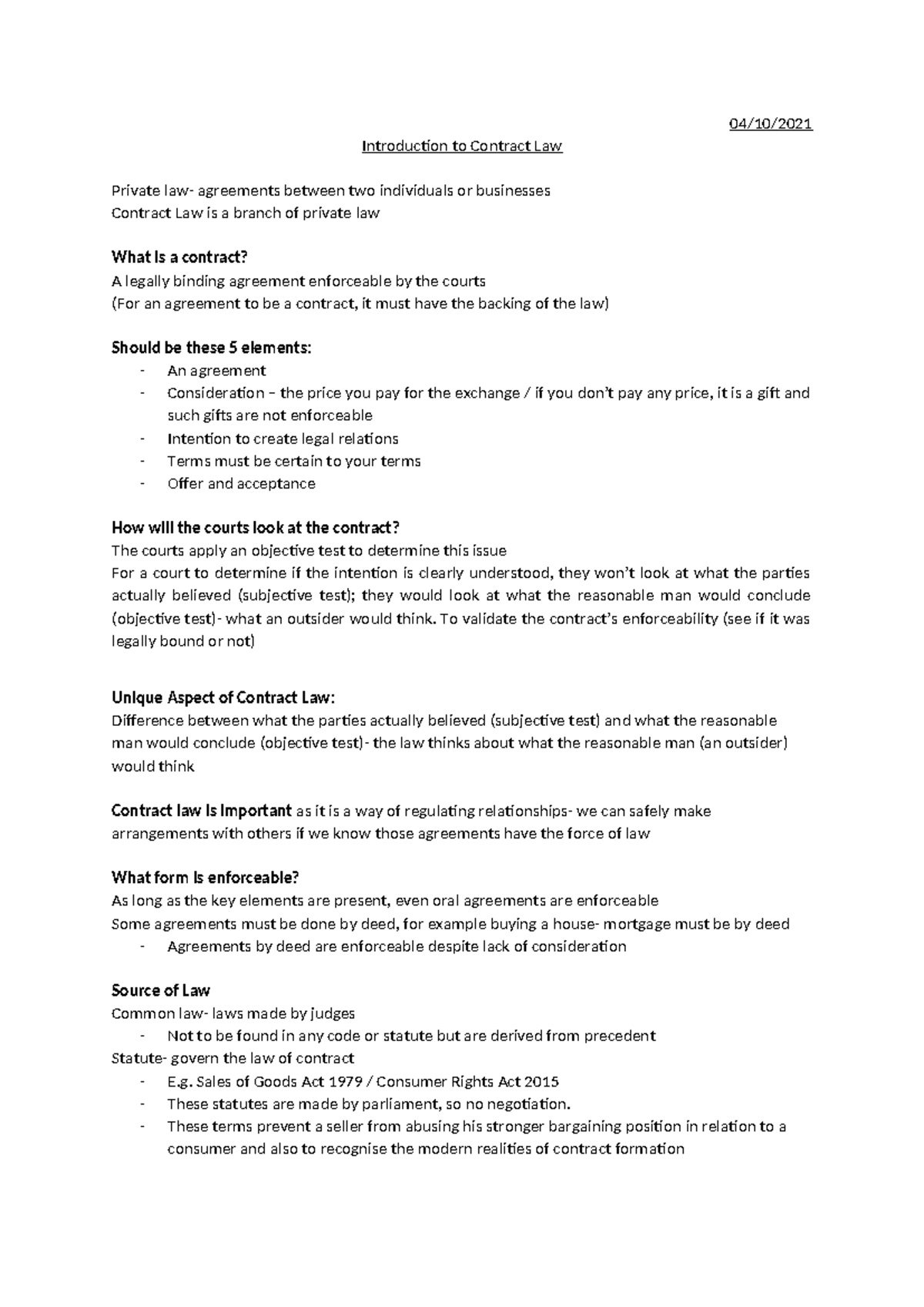 Contract Law Introduction - 04/10/ Introduction to Contract Law Private ...