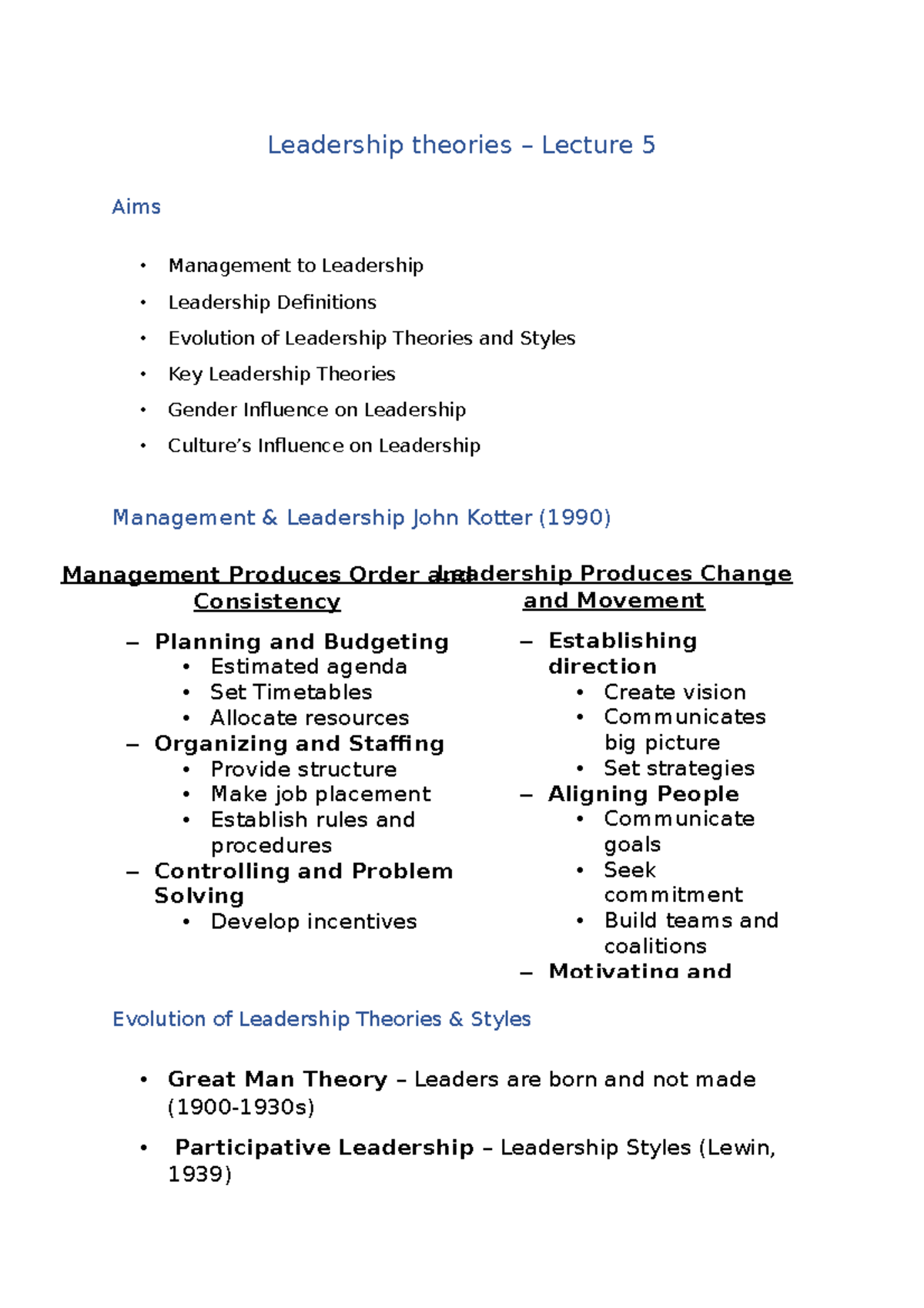 Lecture 5 - Leadership theories – Lecture 5 Aims Management to ...
