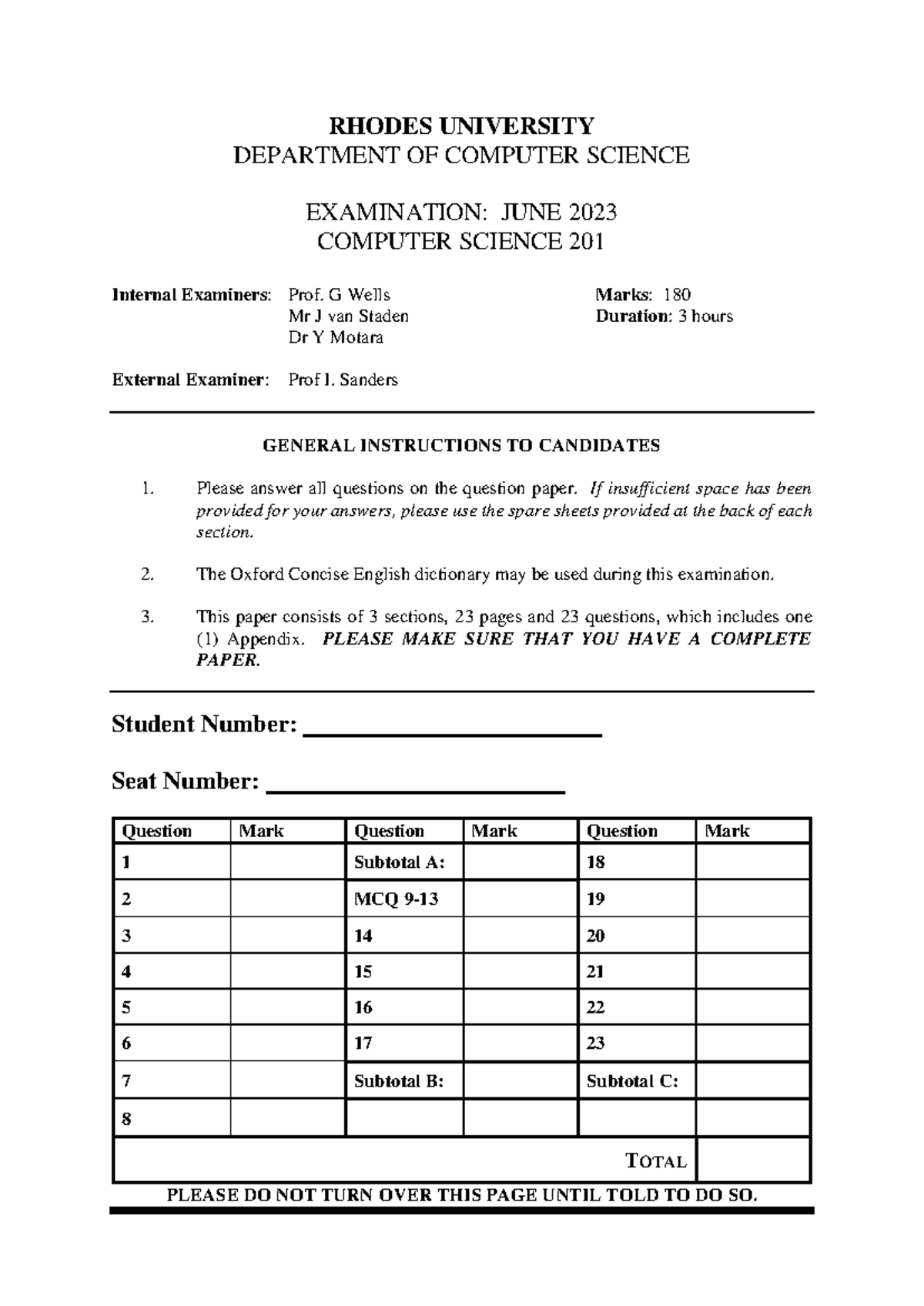 202306 CS201 June 2023 - RHODES UNIVERSITY DEPARTMENT OF COMPUTER ...