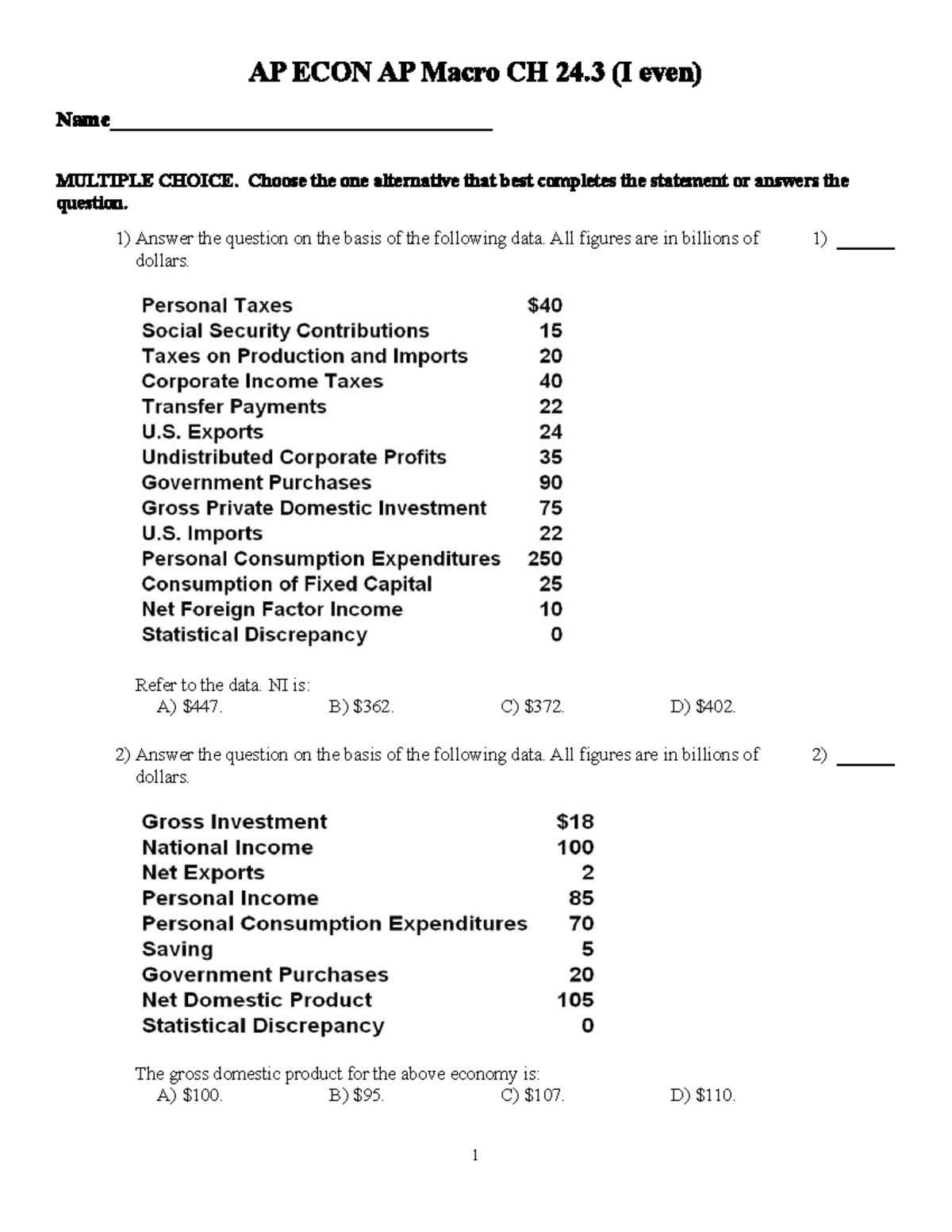 Income approach practice - AP ECON AP Macro CH 24 (I even) Name