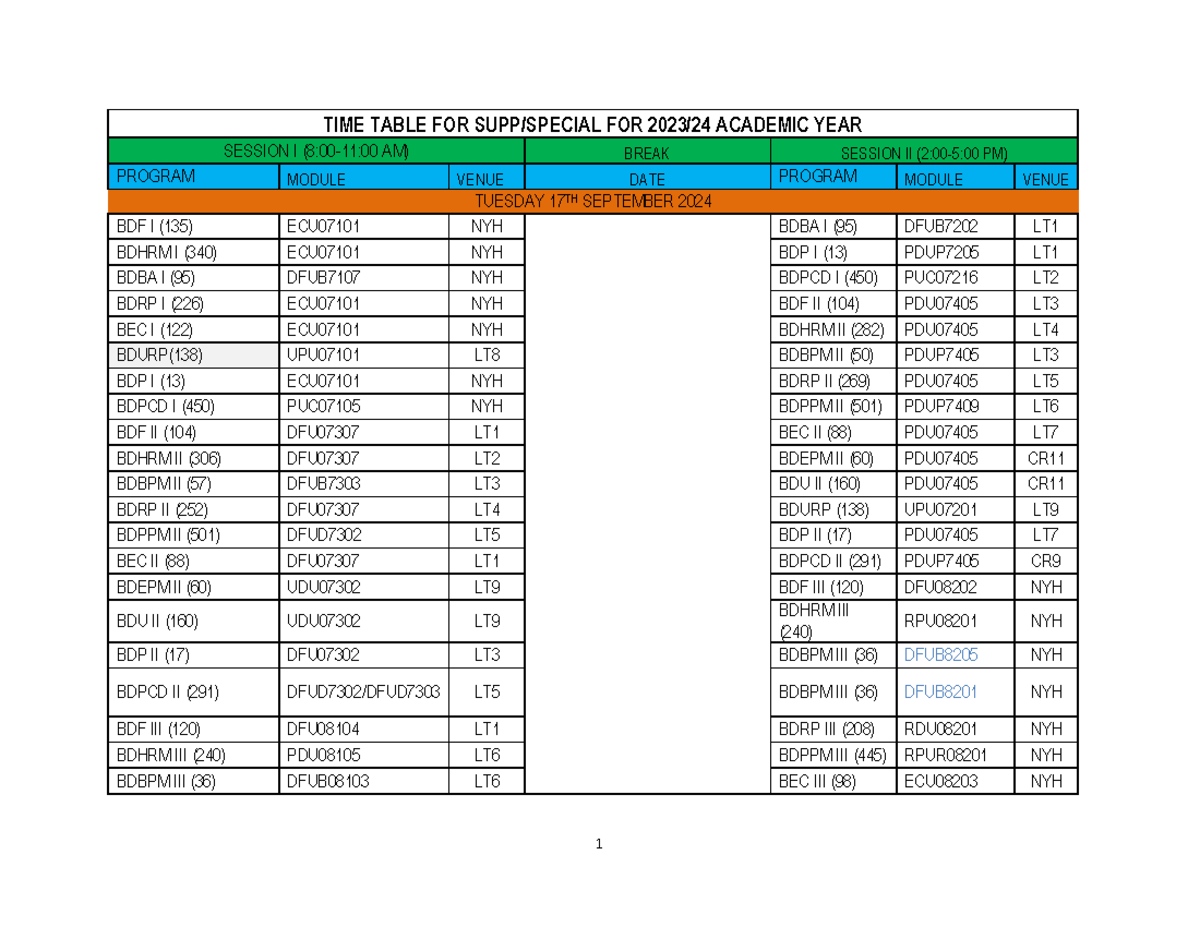 SUPP- Special EXAM. September TIME Table 1ST Draft 29 - SESSION I (8:00 ...