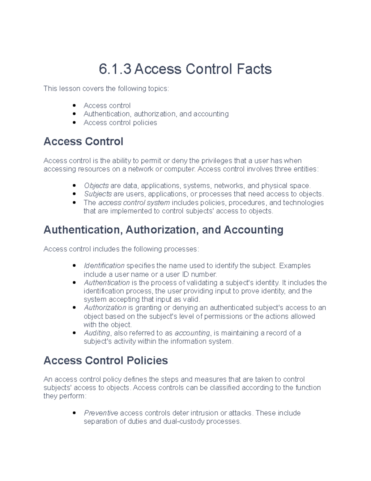 6.1.3 Access Control Facts - 6.1 Access Control Facts This lesson ...