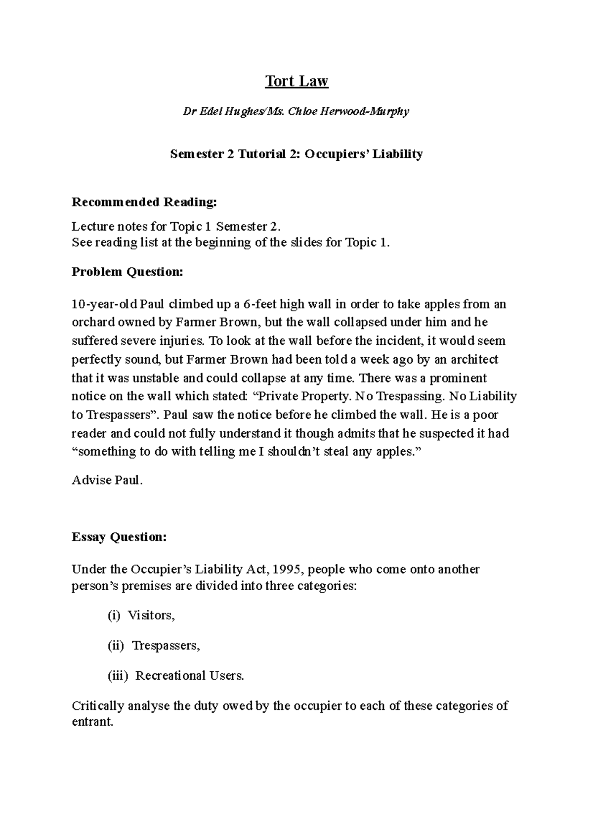 S2 Tutorial on Occupiers Liability - Tort Law Dr Edel Hughes/Ms. Chloe ...