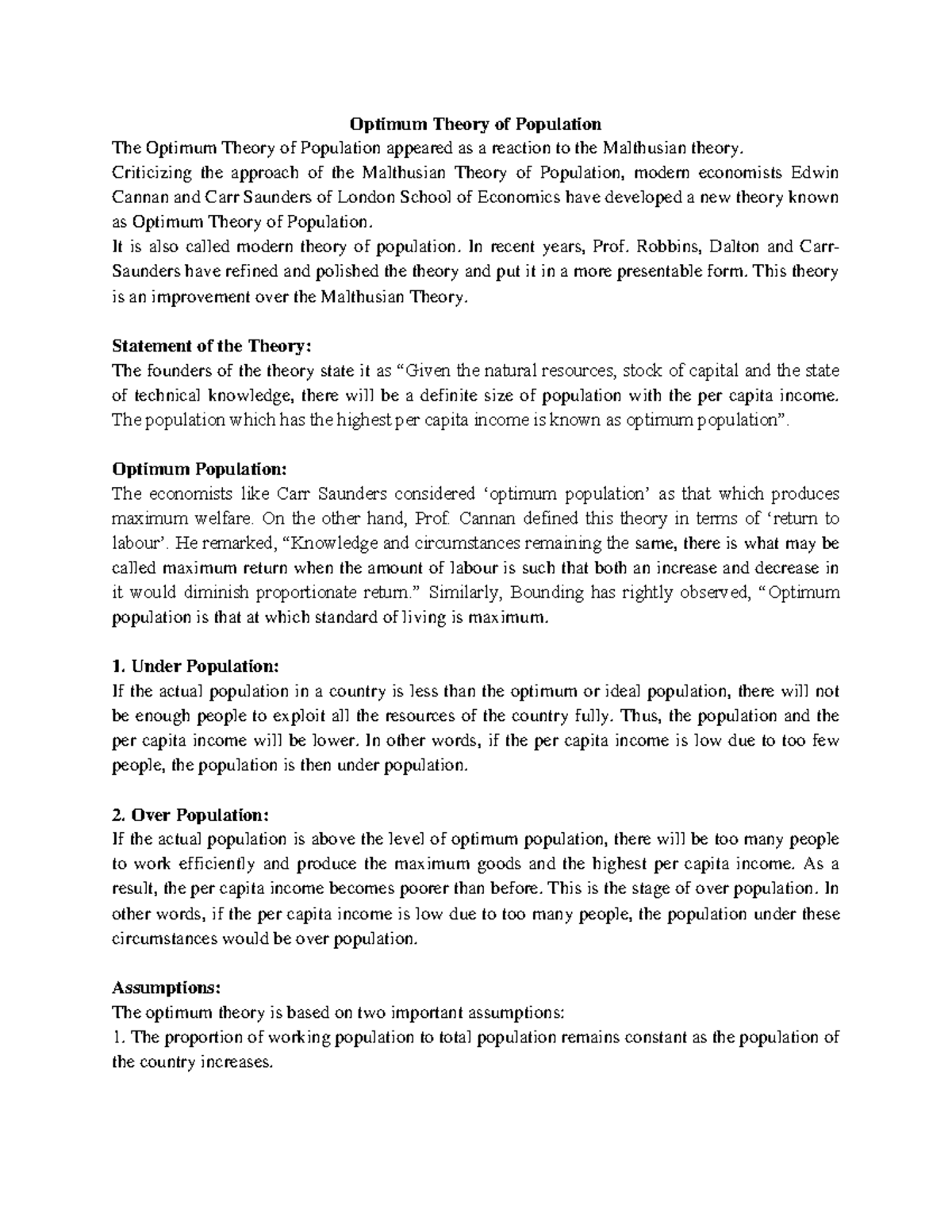 optimum theory of population in sociology - Optimum Theory of ...