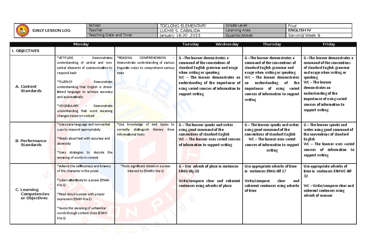 3rd DLL WK1 English - sample dll - DAILY LESSON LOG School TOCLONG ...