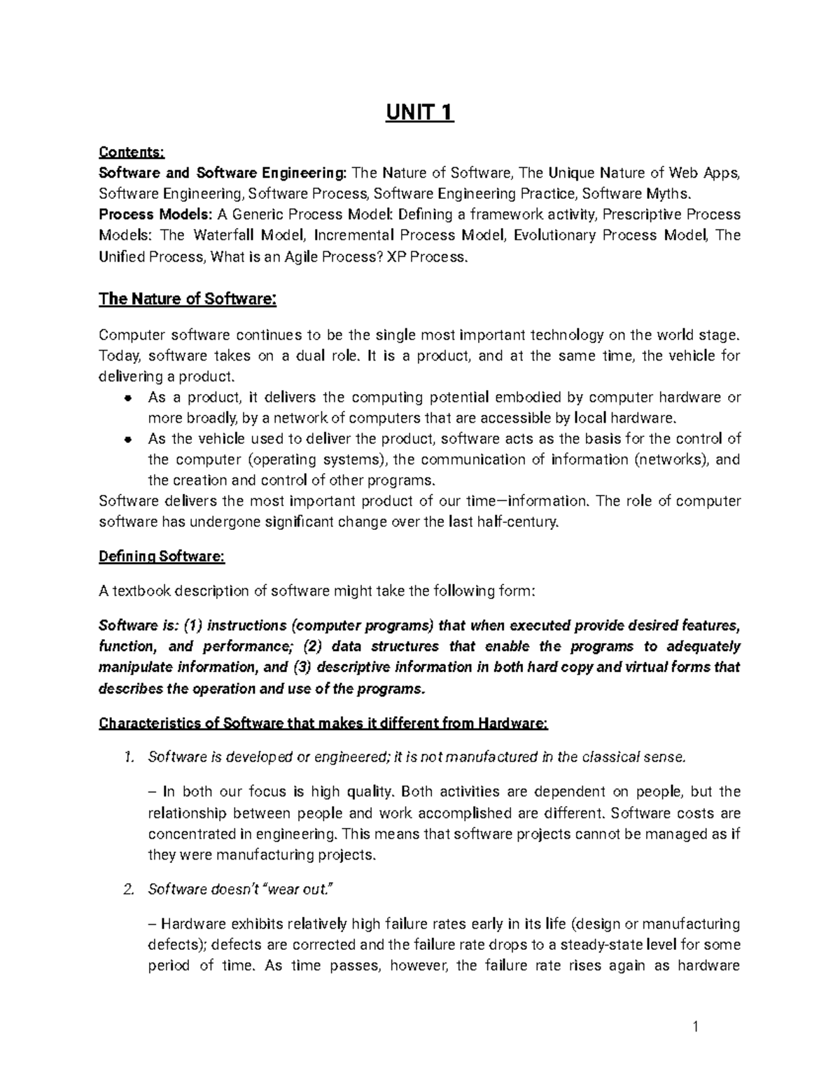 SEPM Module 1 Notes final - UNIT 1 Contents: Software and Software ...