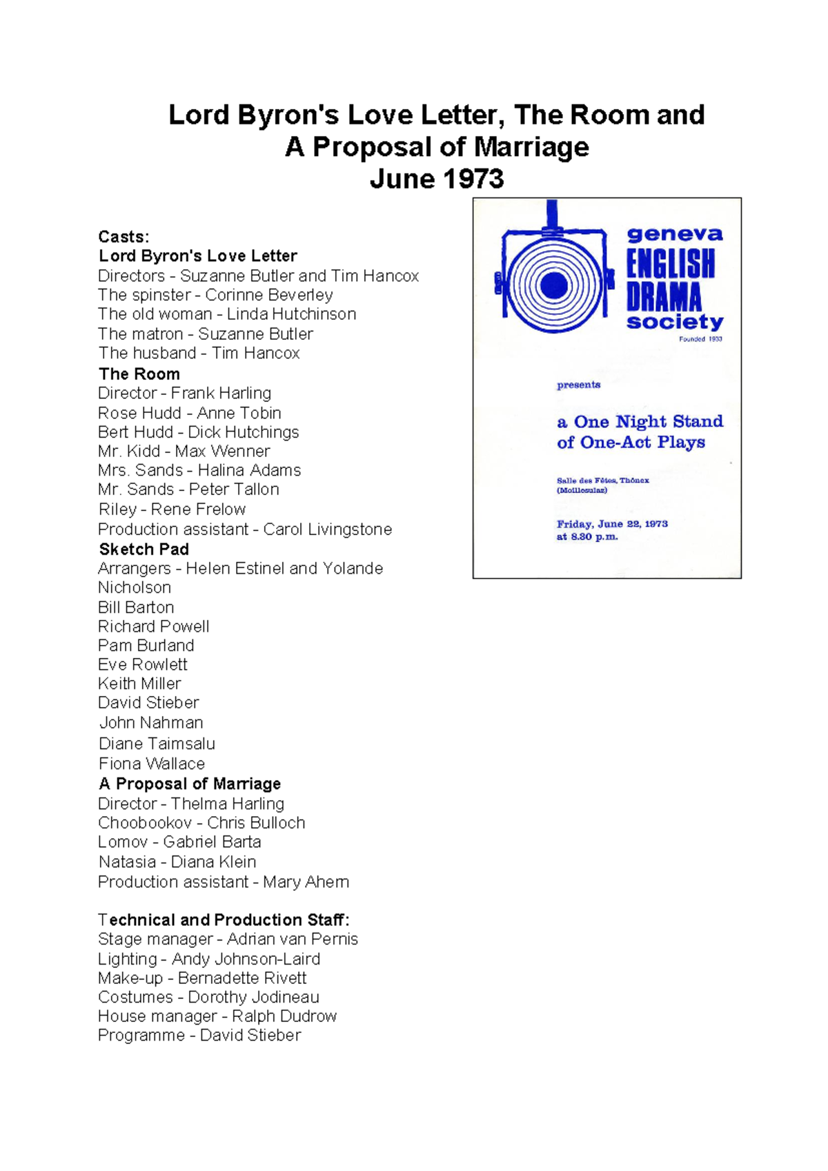 Lord Byron`s Love Letter, The Room notes - Lord Byron's Love Letter ...