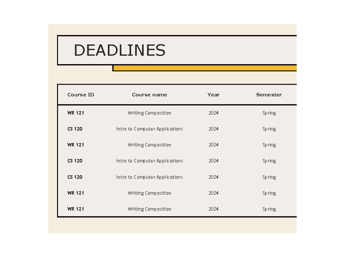 Deadlines - KINS 4242 - Course ID Course name Year Semester WR 121 ...