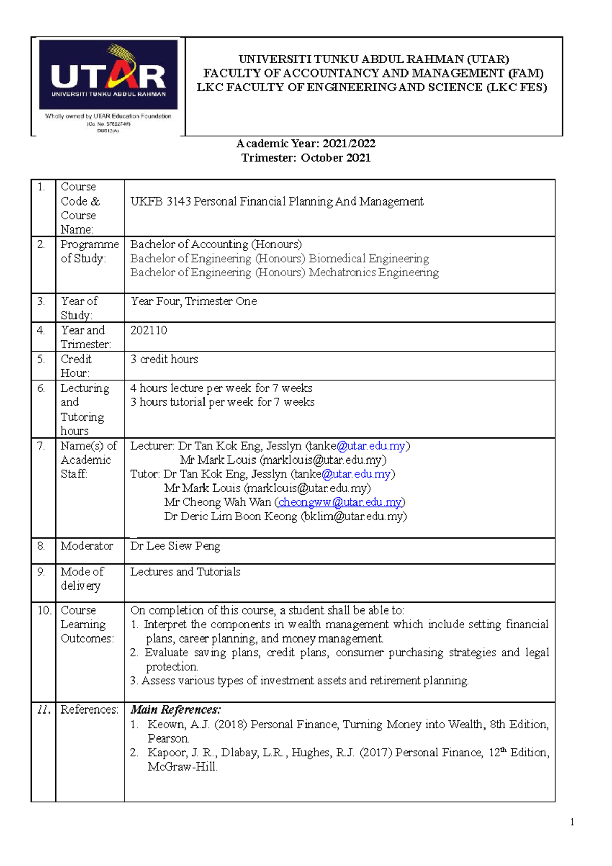 UKFB3143 Course Plan 202110 wble - UNIVERSITI TUNKU ABDUL RAHMAN (UTAR ...