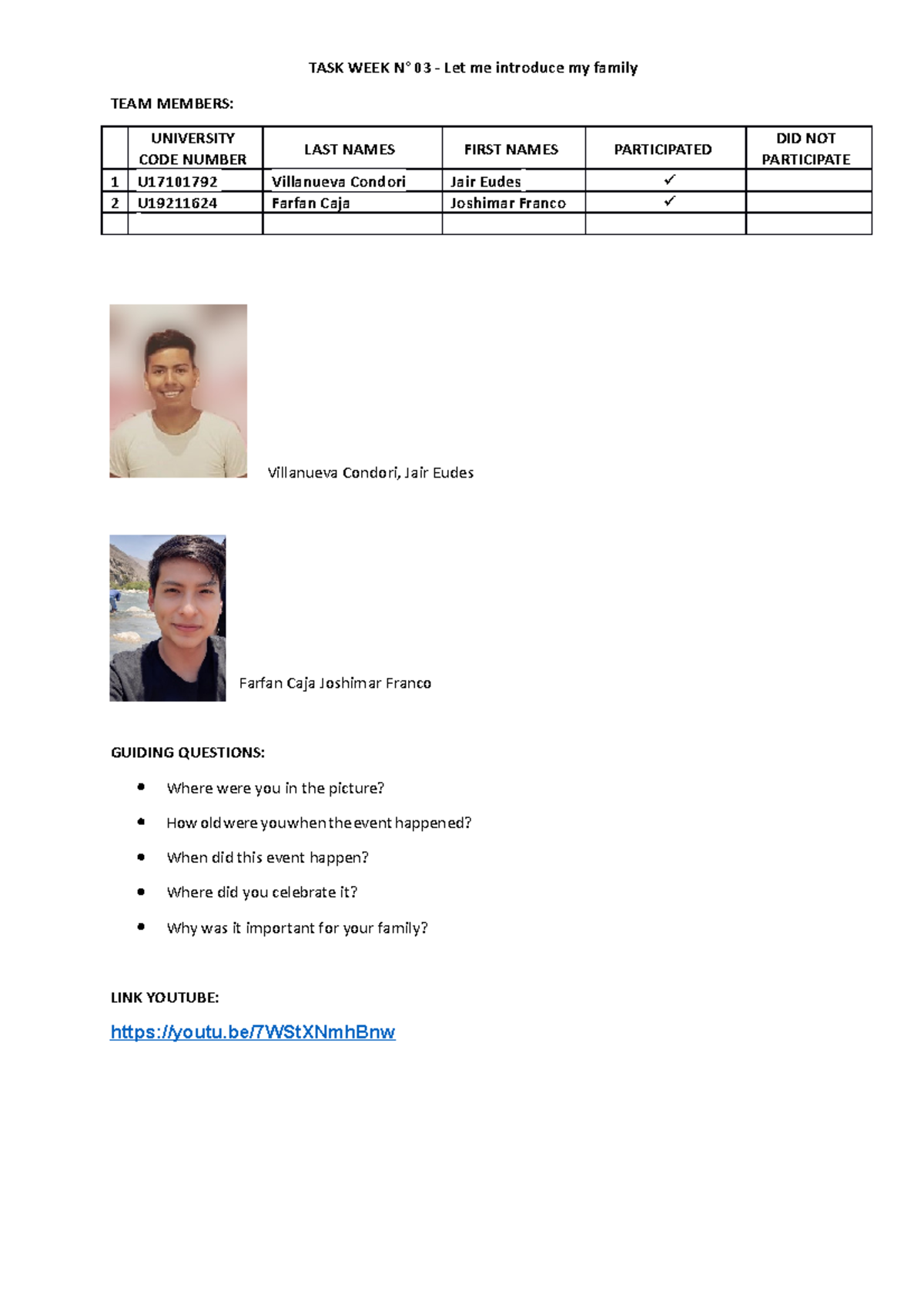 Farfan Joshimar Villanueva Jair Task week 3 - TASK WEEK N° 03 - Let me introduce my family TEAM ...