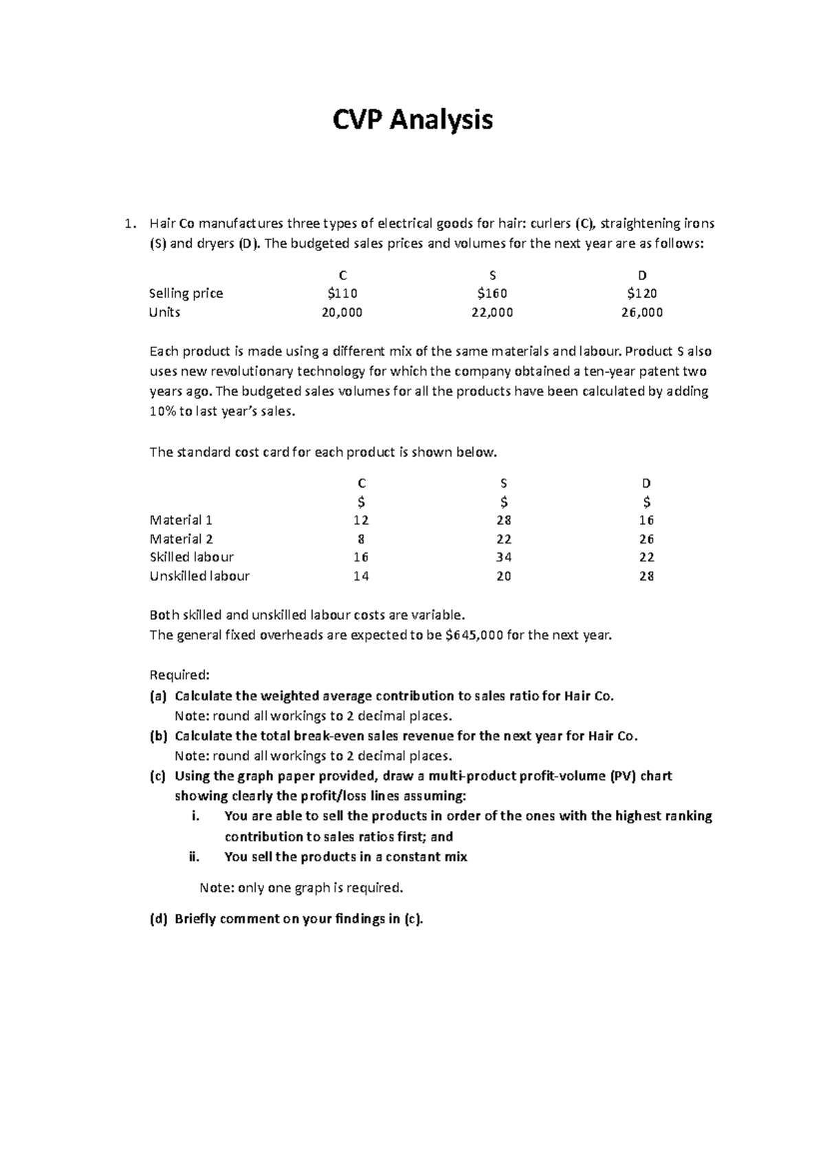 CVP Analysis notes - CVP Analysis Hair Co manufactures three types of ...