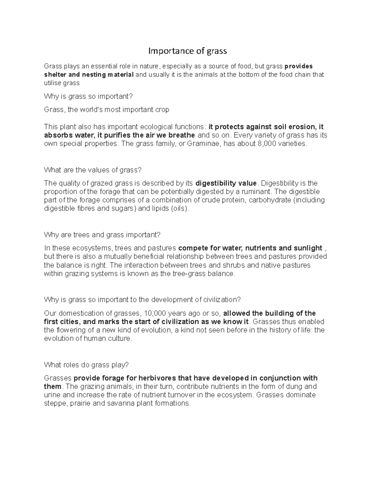 Importance of grass - Importance of grass Grass plays an essential role ...