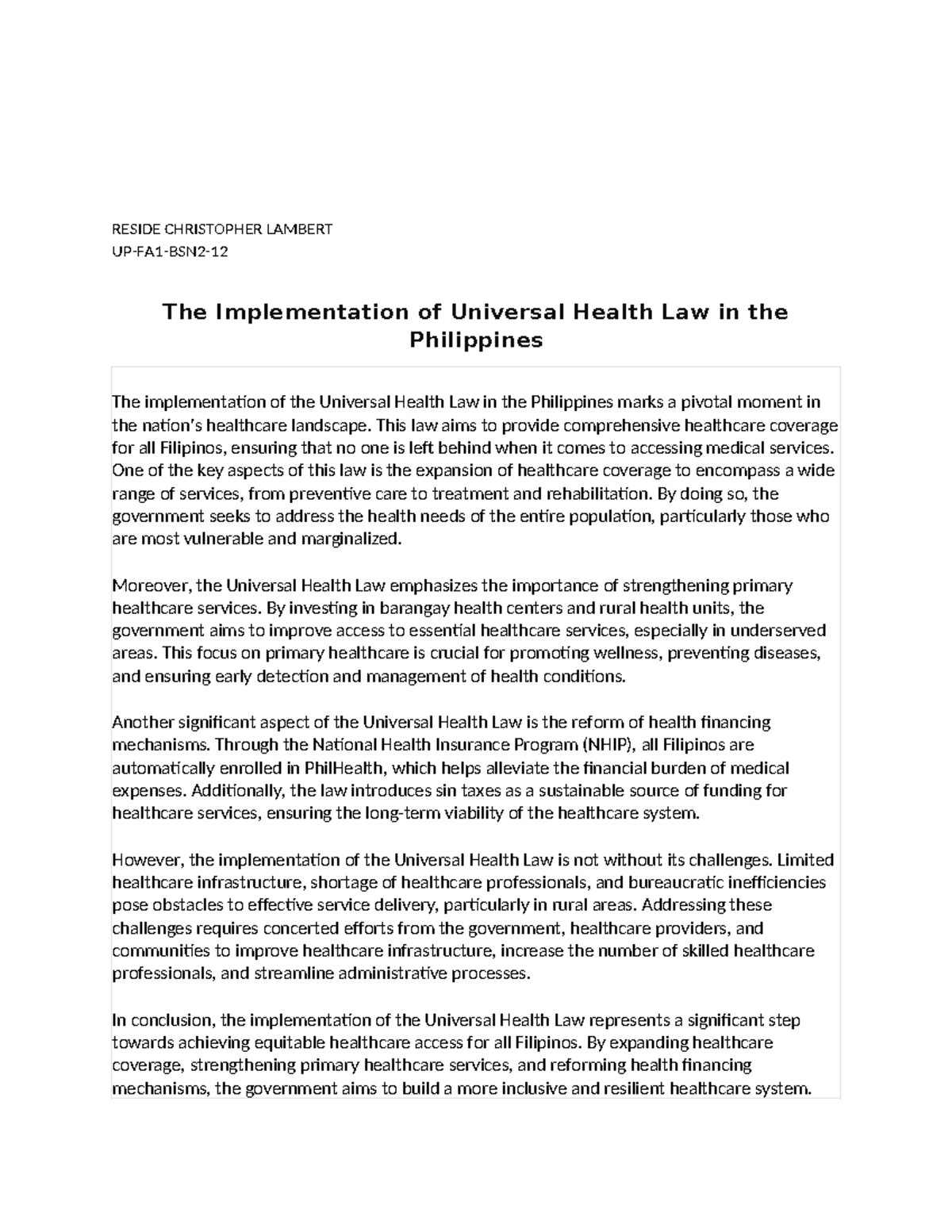 Reside Christopher Lambert BSN 12 Reflection Paper - RESIDE CHRISTOPHER ...