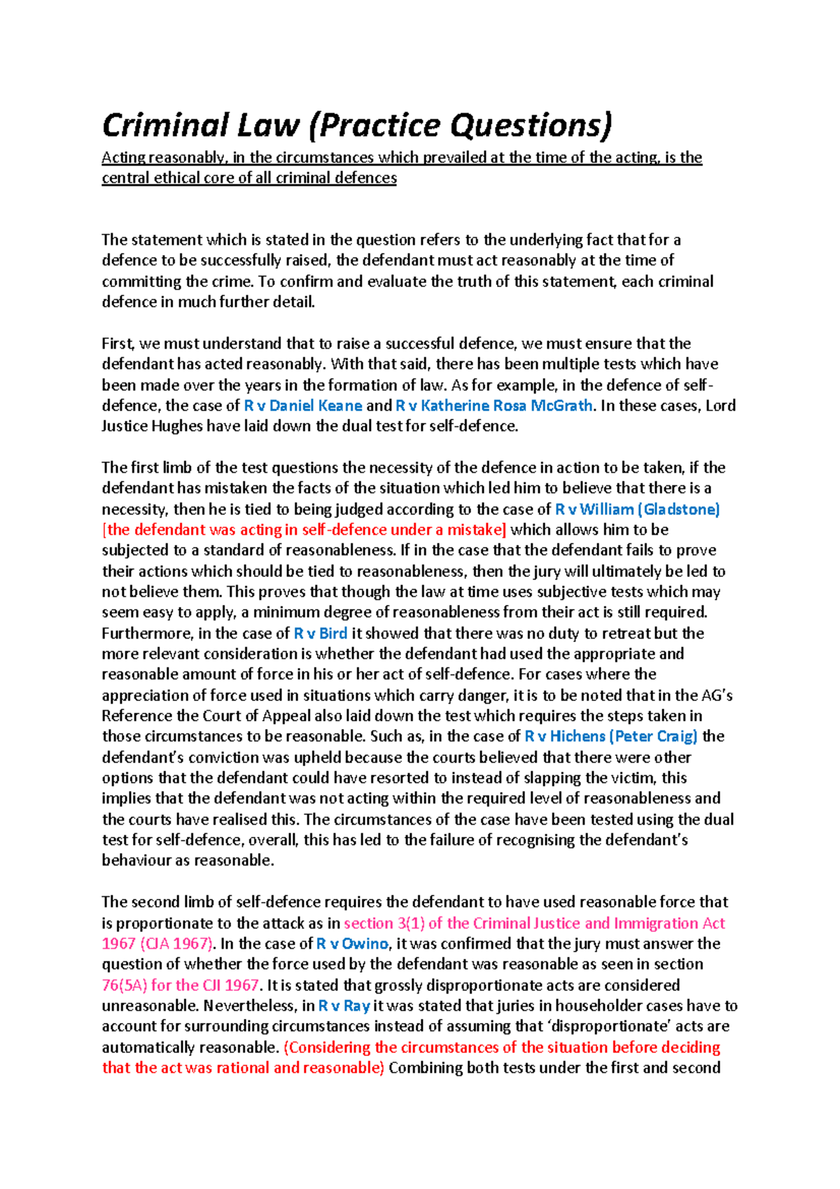 Criminal Law (Defences Answer) - Criminal Law (Practice Questions ...