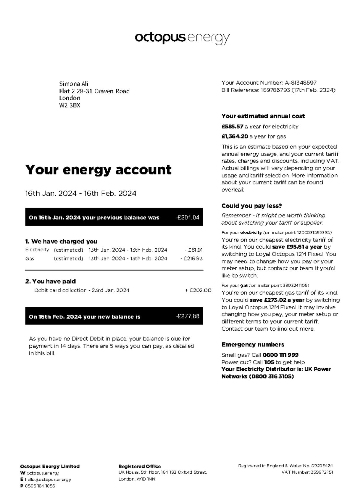 Water bill London - Octopus Energy Limited W octopus E hello@octopus P ...
