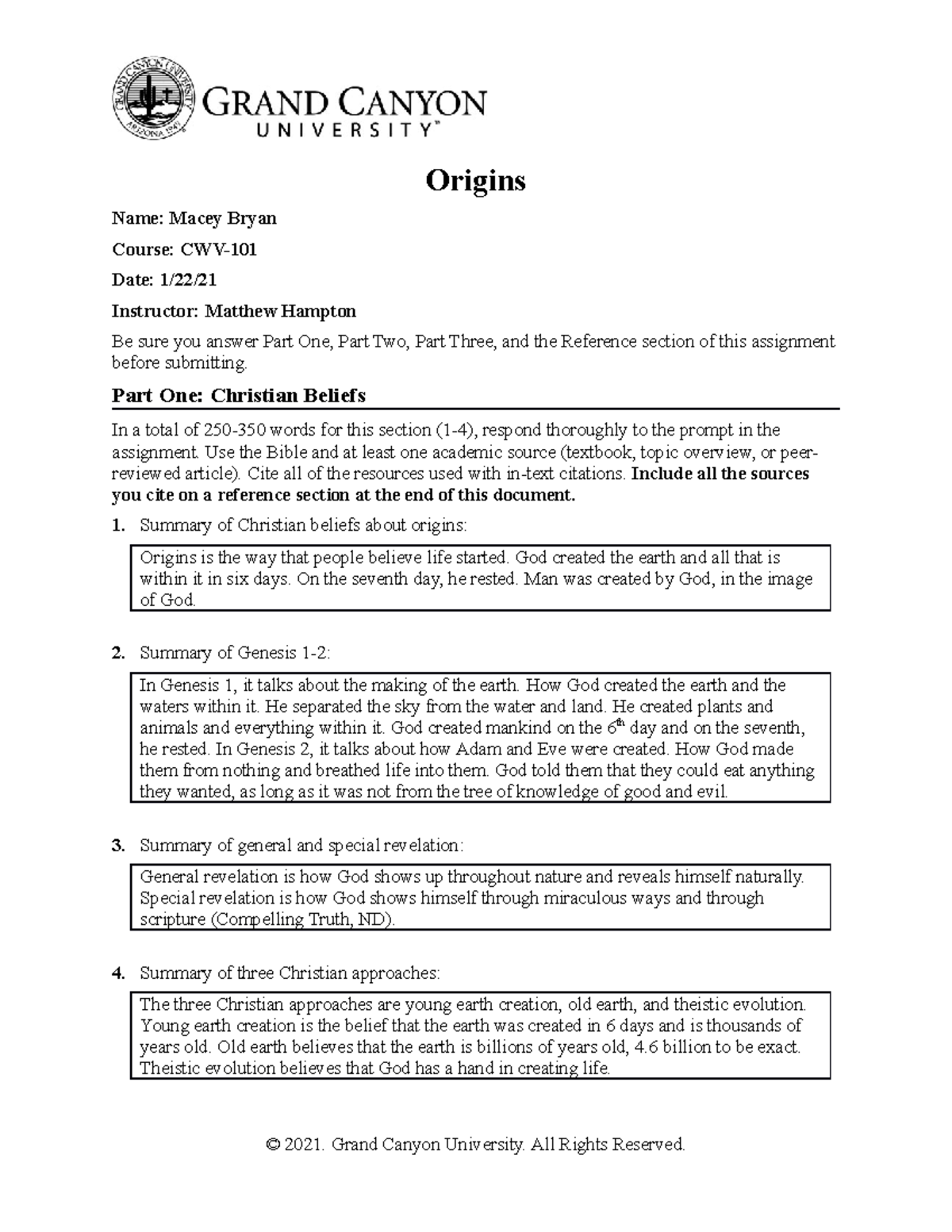 Origins Reflection CWV - Origins Name: Macey Bryan Course: CWV- Date: 1 ...