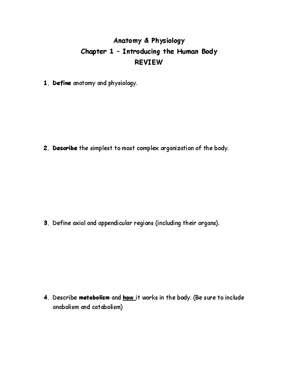Intro A P Chpt 1 Review for tutorials - Anatomy & Physiology Chapter 1 ...