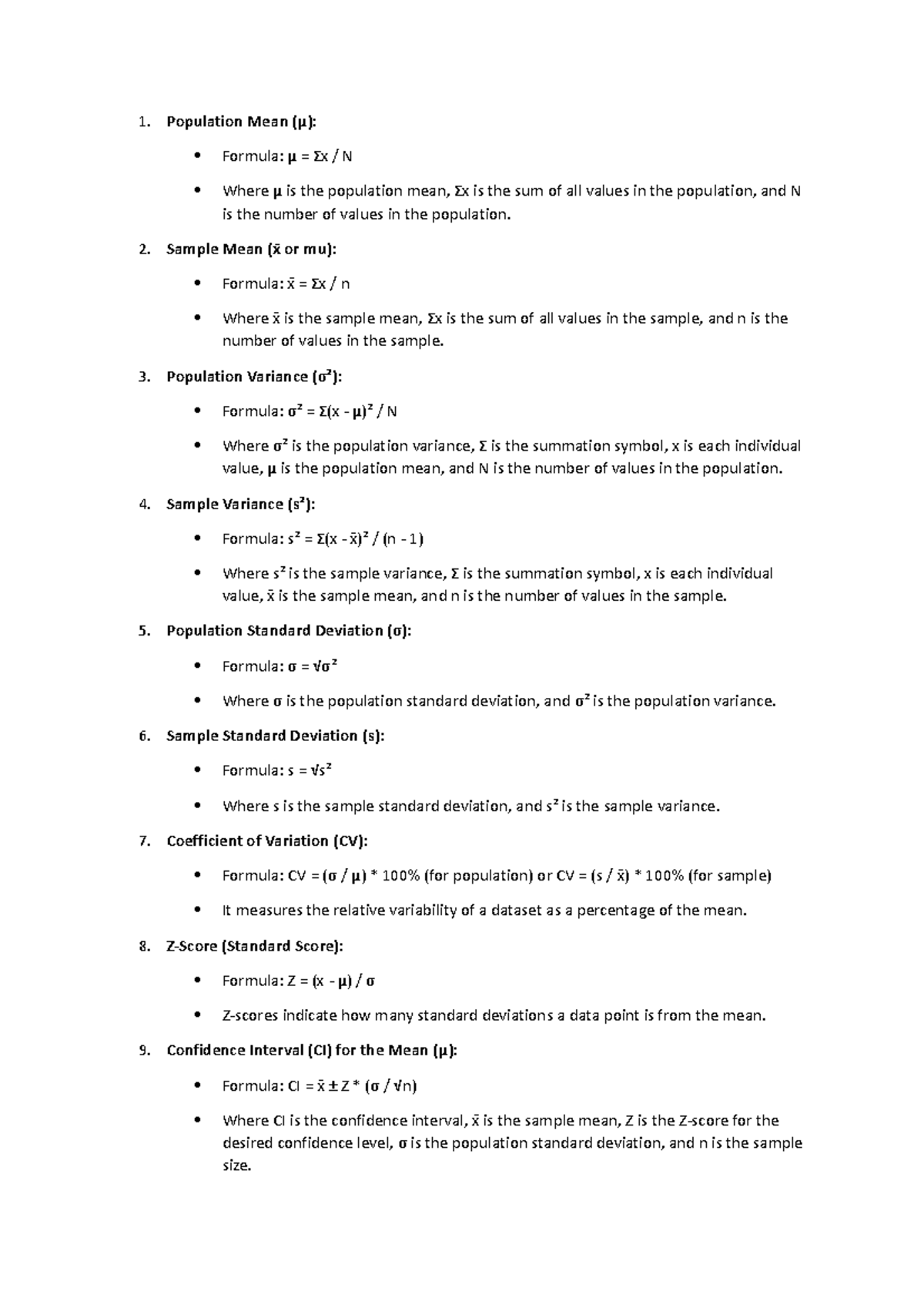 Important formulas in statistics - 1. Population Mean (μ): Formula: μ ...