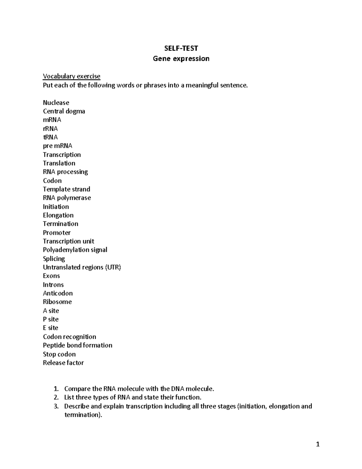 Gene Expression - /..... - 1 SELF-TEST Gene expression Vocabulary ...