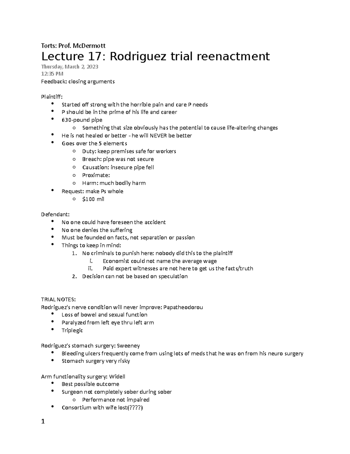 Torts Lecture 17- Rodriguez trial reenactment - Torts: Prof. McDermott ...