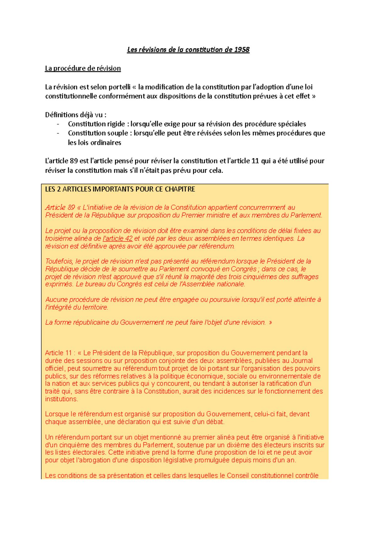 Les révisions de la constitution de 1958 - LES 2 ARTICLES IMPORTANTS ...