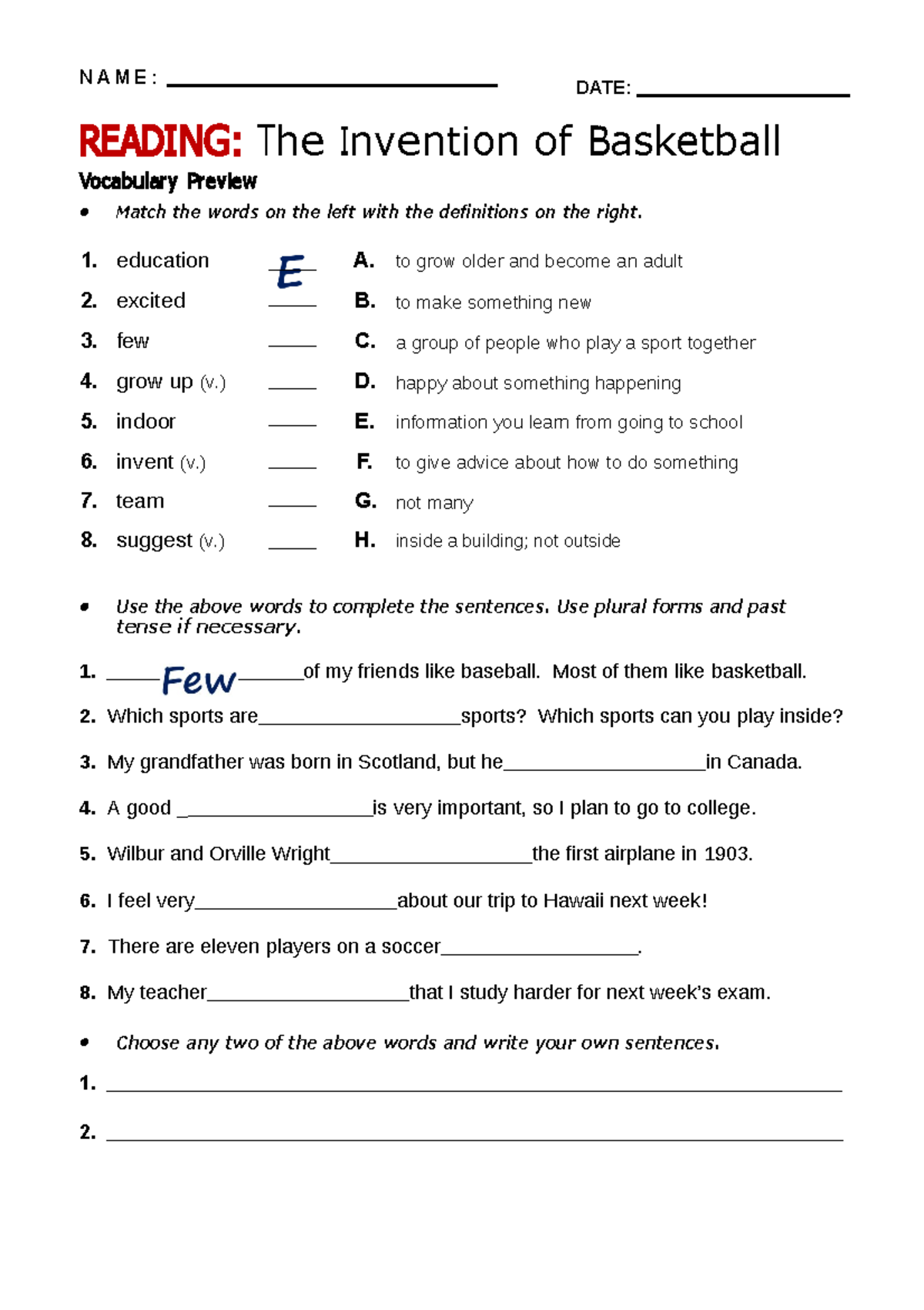 Read the invention of basketball - N A M E : DATE: READING: T h e I n v ...