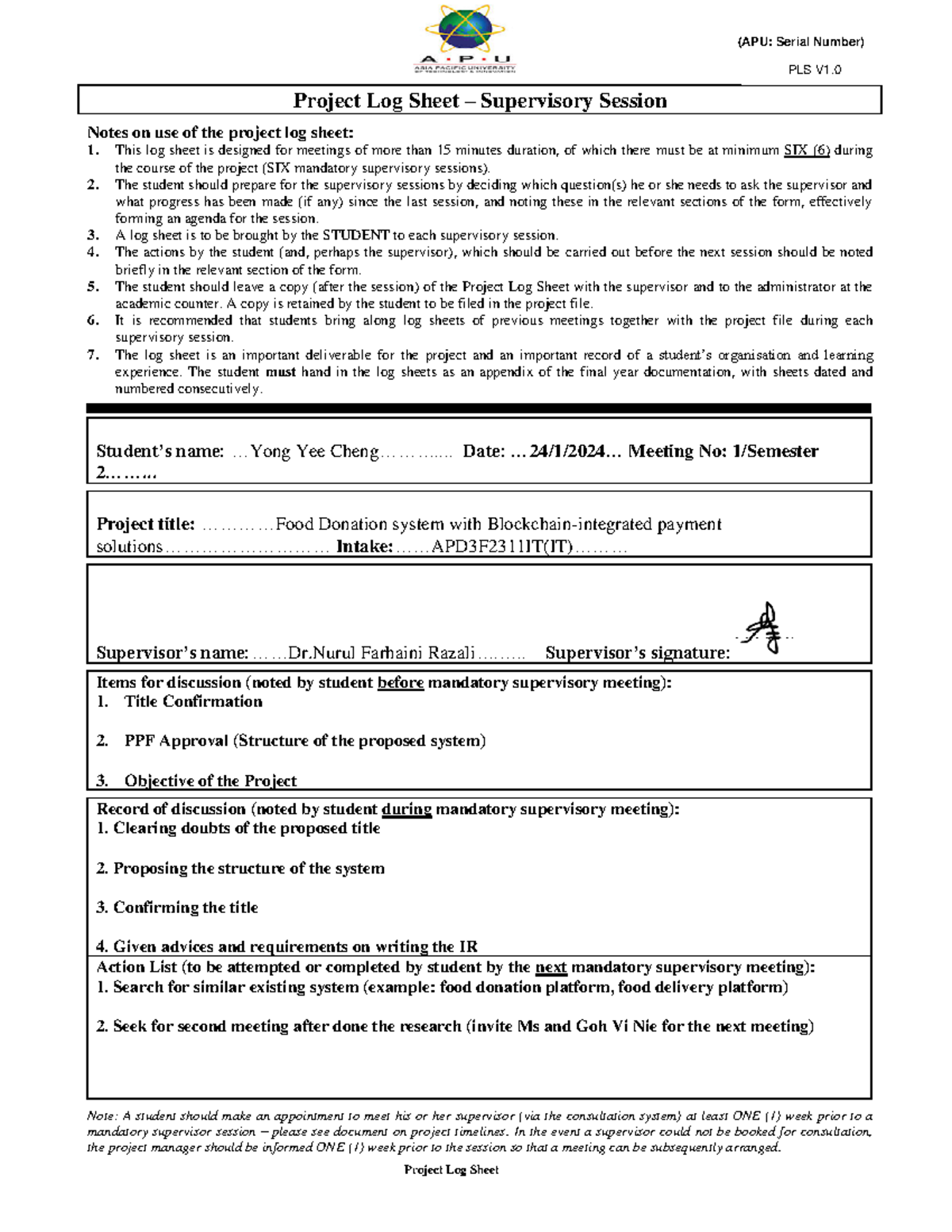 TP065252 IRProject Log Sheet - Project Log Sheet Project Log Sheet ...