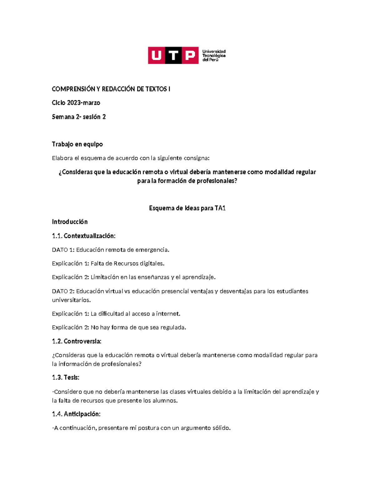 Tarea - COMPRENSIÓN Y REDACCIÓN DE TEXTOS I Ciclo 2023-marzo Semana 2 ...