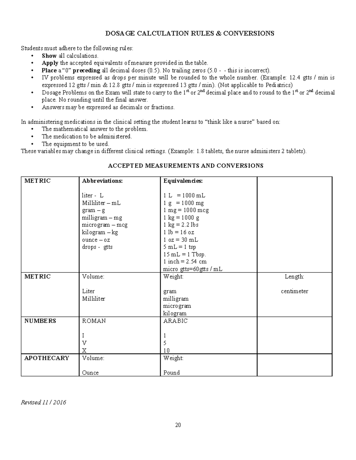 Conversion table - 20 DOSAGE CALCULATION RULES & CONVERSIONS Students ...