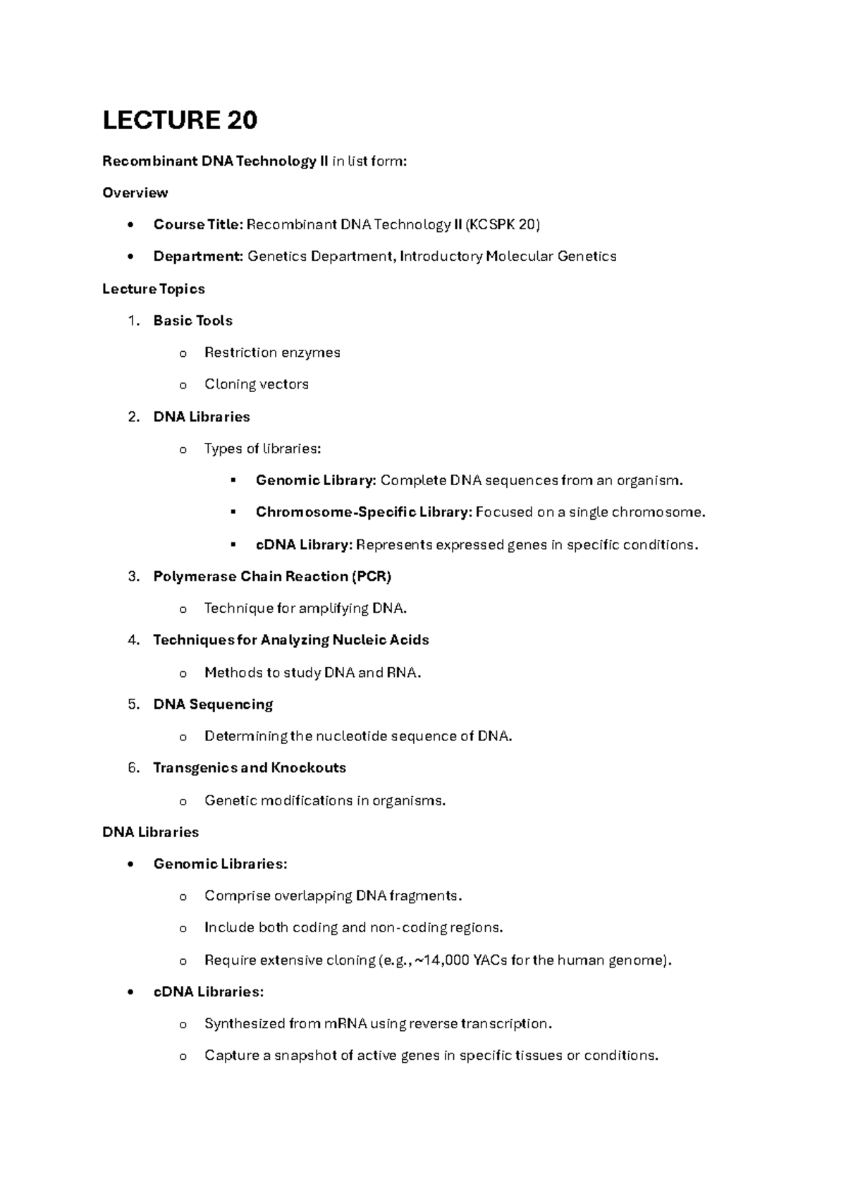 Short summary and practice questions for Chapter 20 - LECTURE 20 Recombinant DNA Technology II ...