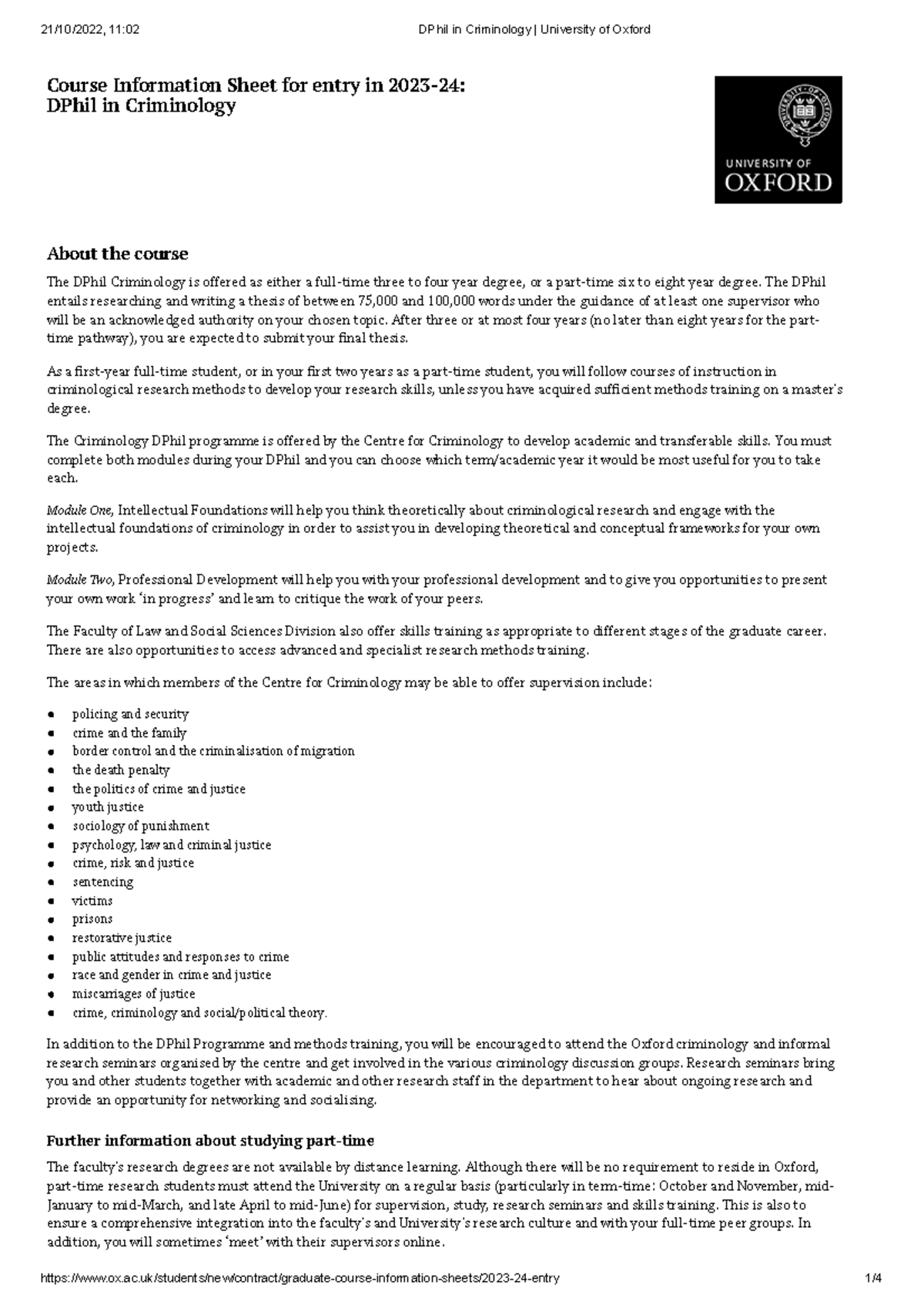 DPhil in Criminology 2023-24entry 21Oct2022 - Course Information Sheet ...