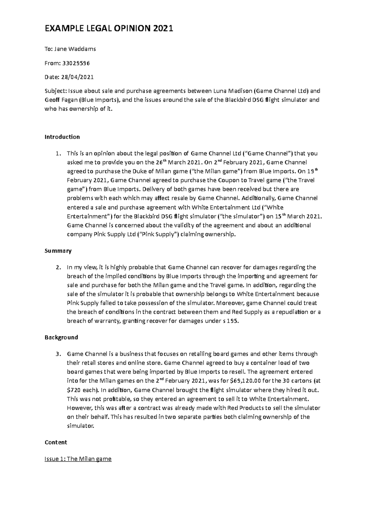 Example Commercial Law Legal Opinion 2021 - To: Jane Waddams From ...