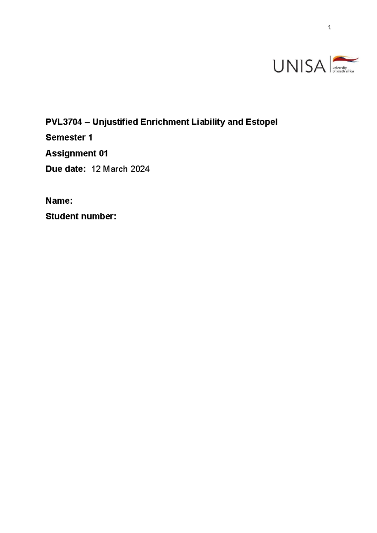 PVL3704 Assignment 1 2024 semester 1 - PVL3704 – Unjustified Enrichment Liability and Estopel ...