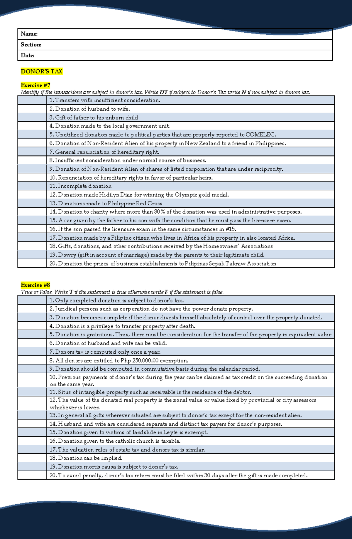 Class Work Exercise #7-#8 - Last Name - Name: Section: Date: DONOR’S ...