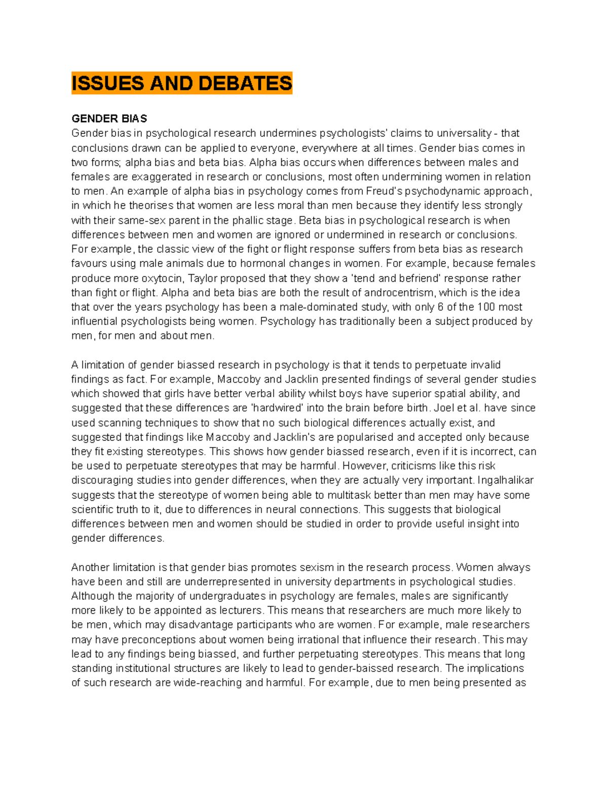 AQA Issues AND Debates - Essays - ISSUES AND DEBATES GENDER BIAS Gender ...