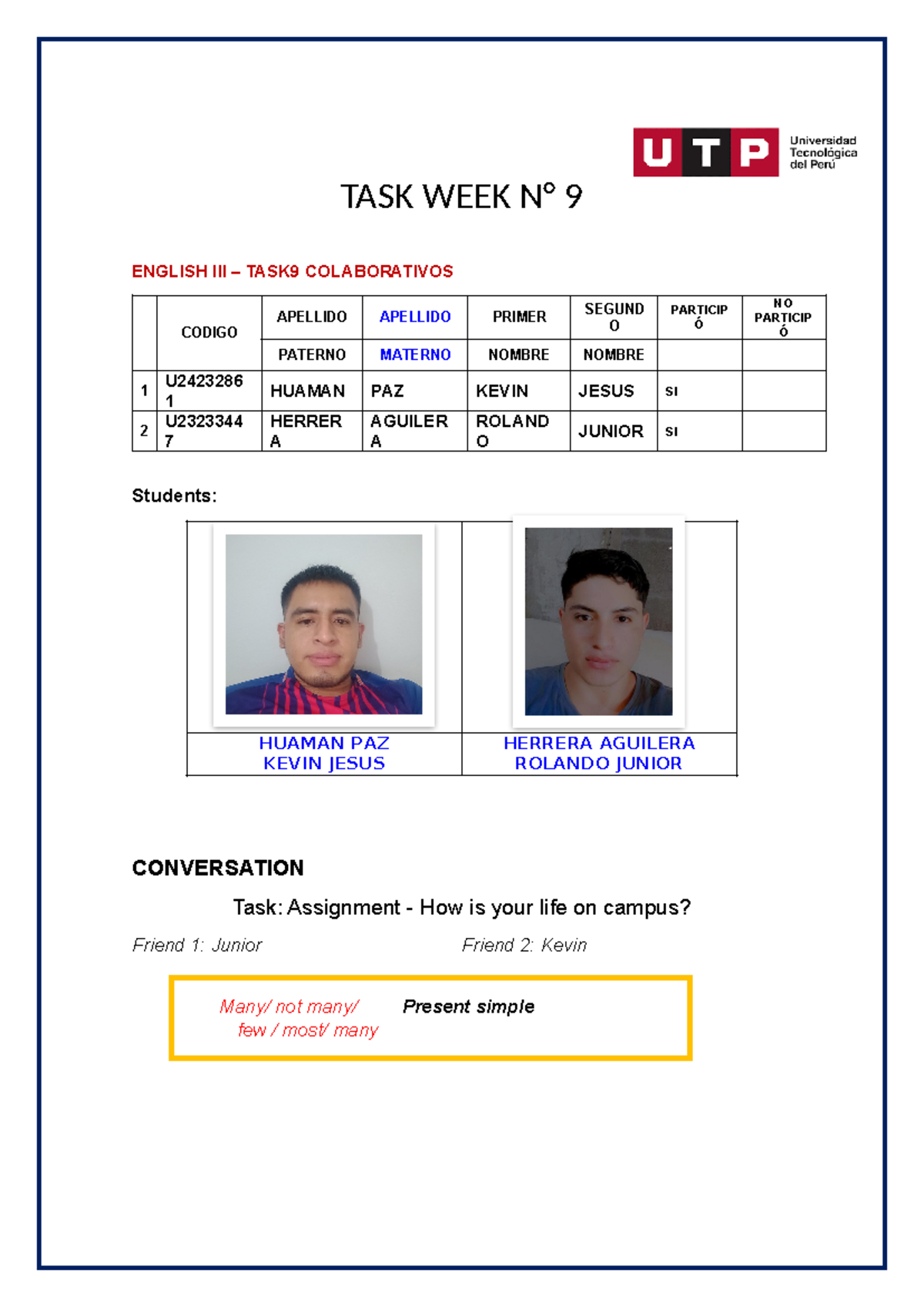 Tarea DE Junior Ingles - TASK WEEK N° 9 ENGLISH III – TASK9 COLABORATIVOS CODIGO APELLIDO ...