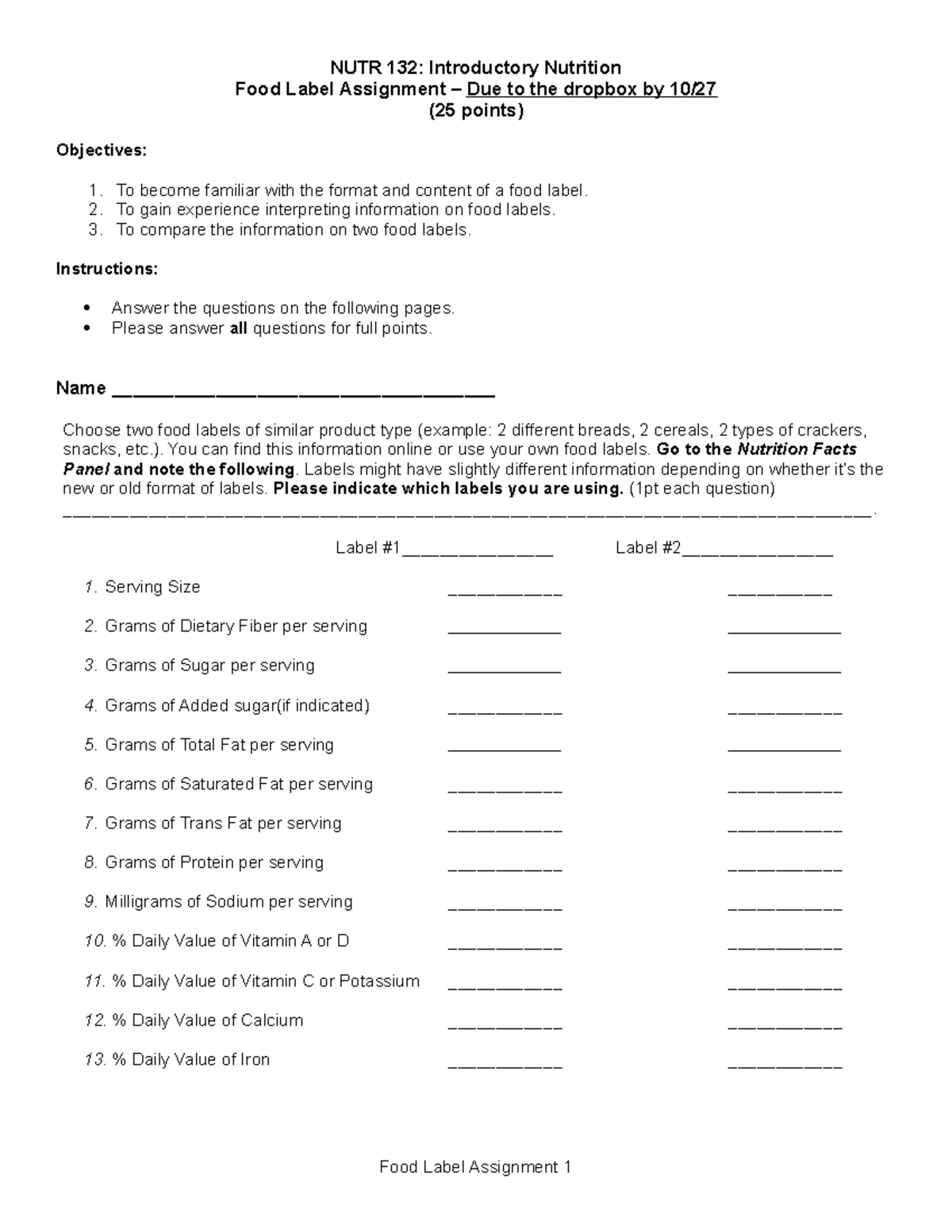 Food Label Assignment F 21 - NUTR 132: Introductory Nutrition Food ...