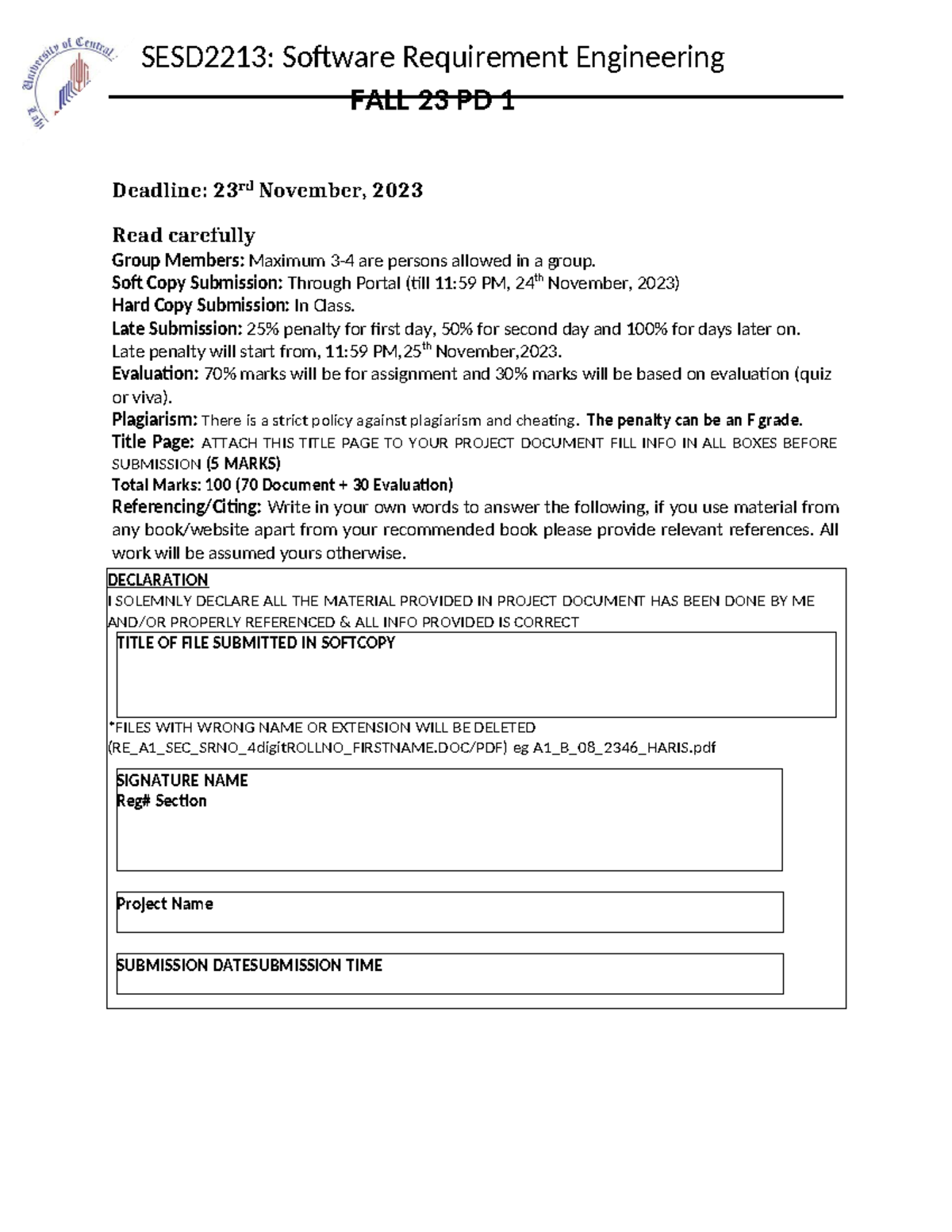 F23 Project Phase 1 - Deadline: 23 rd November, 2023 Read carefully ...