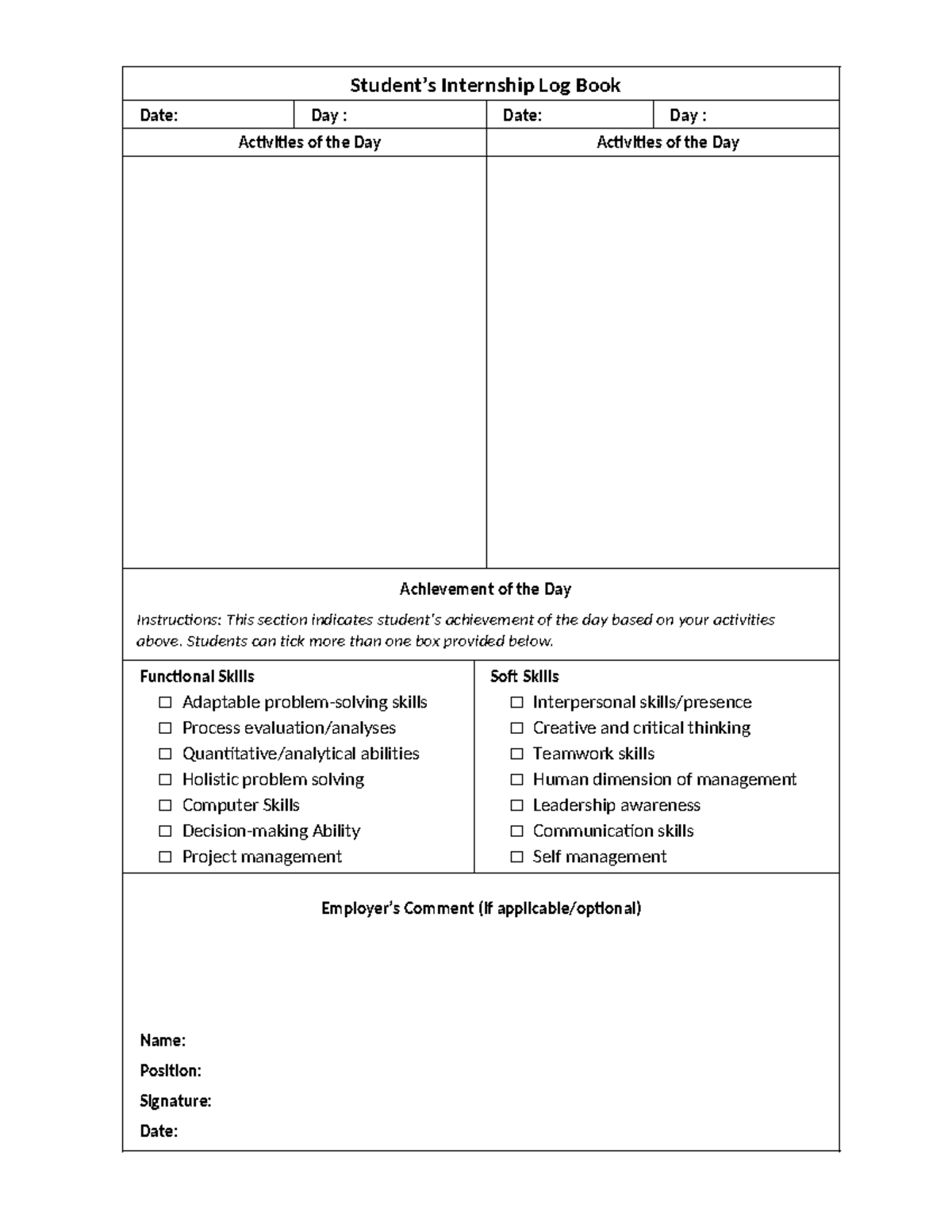 Student Log Book Sheet - internship - Student’s Internship Log Book ...