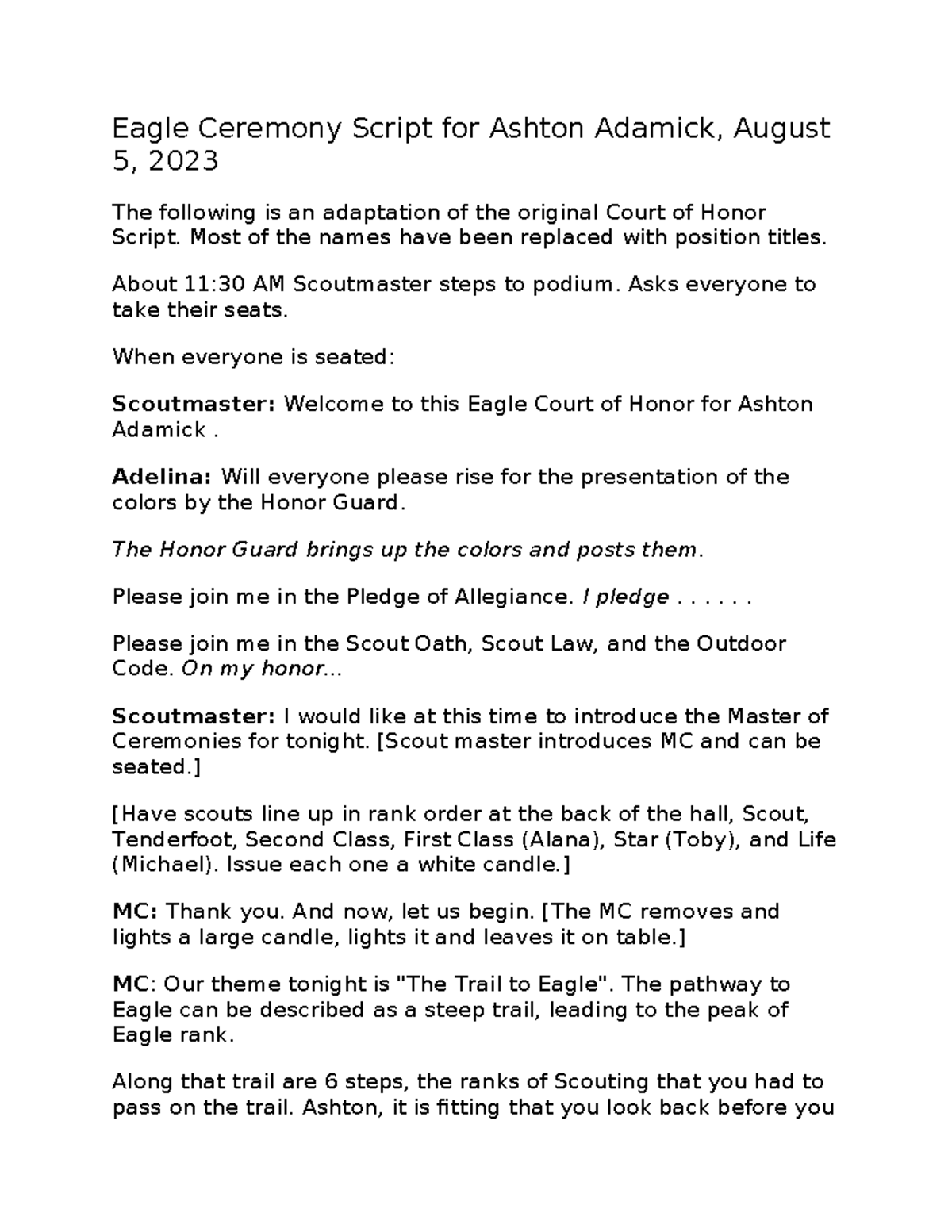 COH Script 2023831593982506882 2 - Eagle Ceremony Script for Ashton ...